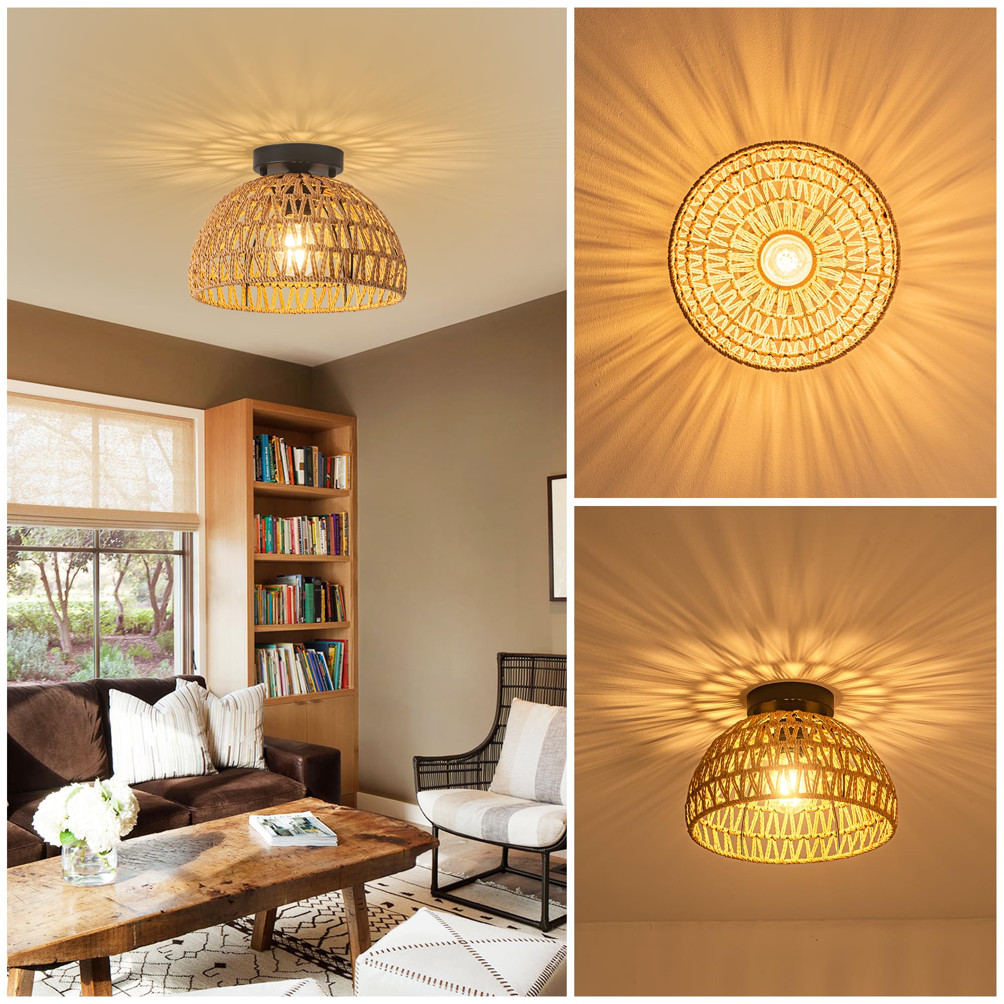 SYTPPLAN Rattan Light Fixtures Ceiling Light, Handmade Woven Cage Boho Light Fixture 11" Semi Flush Mount Light Fixture Coastal Ceiling Light for Hallway Kitchen Entryway Farmhouse Living Room