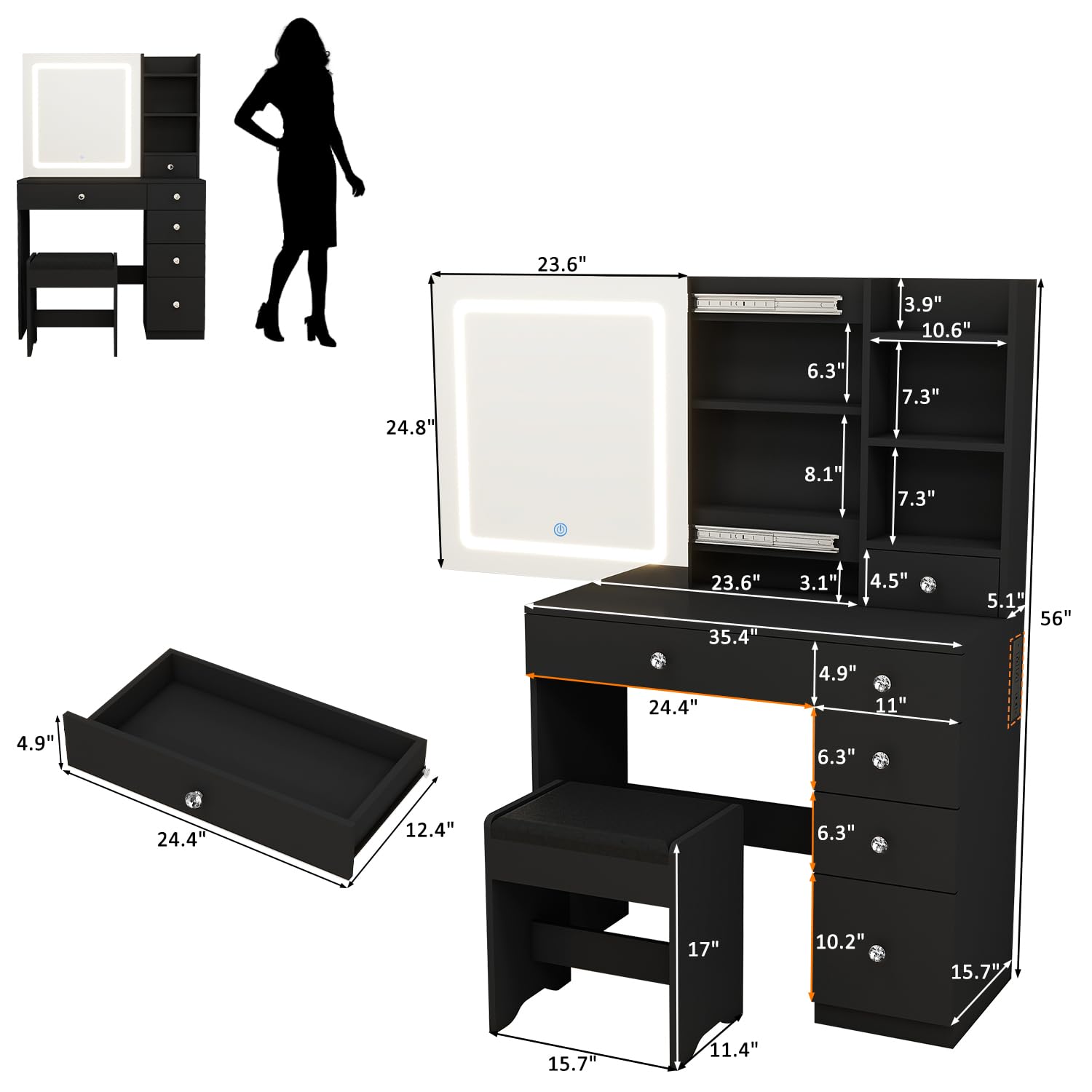 Sokiche Makeup Vanity Desk with Sliding Mirror and LED Lights & Charging Station, 35.4" Black Vanity Table Set with 6 Drawers & 6 Shelves, 3 Light Modes, Dressing Table for Bedroom, Stool Included