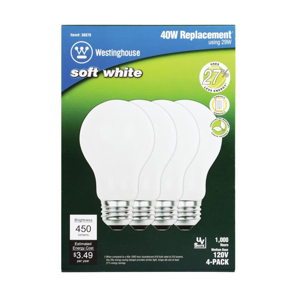 Westinghouse 3687000 29 Watt A19 Eco-Halogen Soft White Light Bulb with Medium Base (4-Pack), 4 Count (Pack of 1)