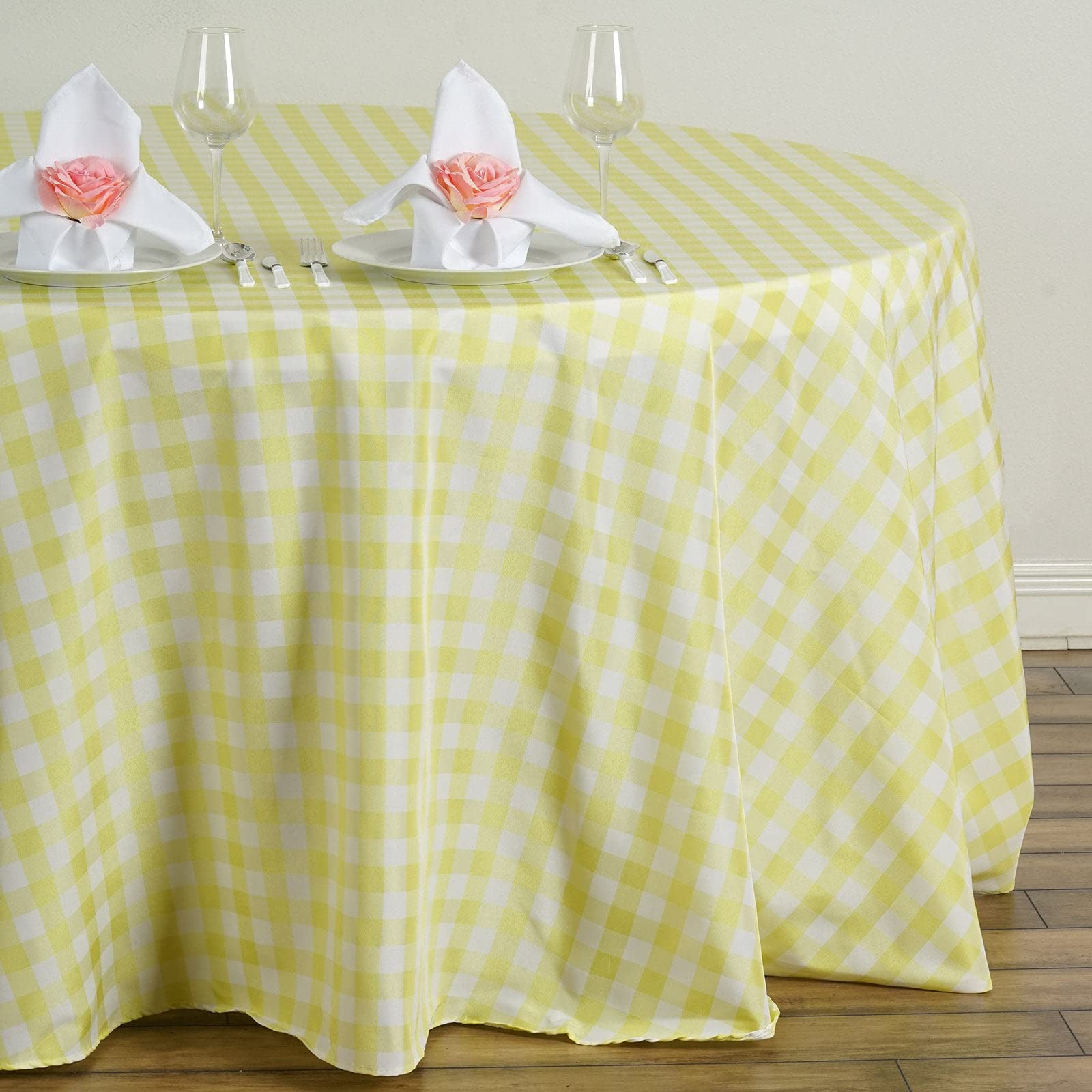 Tableclothsfactory 120" Round Yellow/White Checkered Wholesale Gingham Polyester Linen Picnic Restaurant Dinner Tablecloth