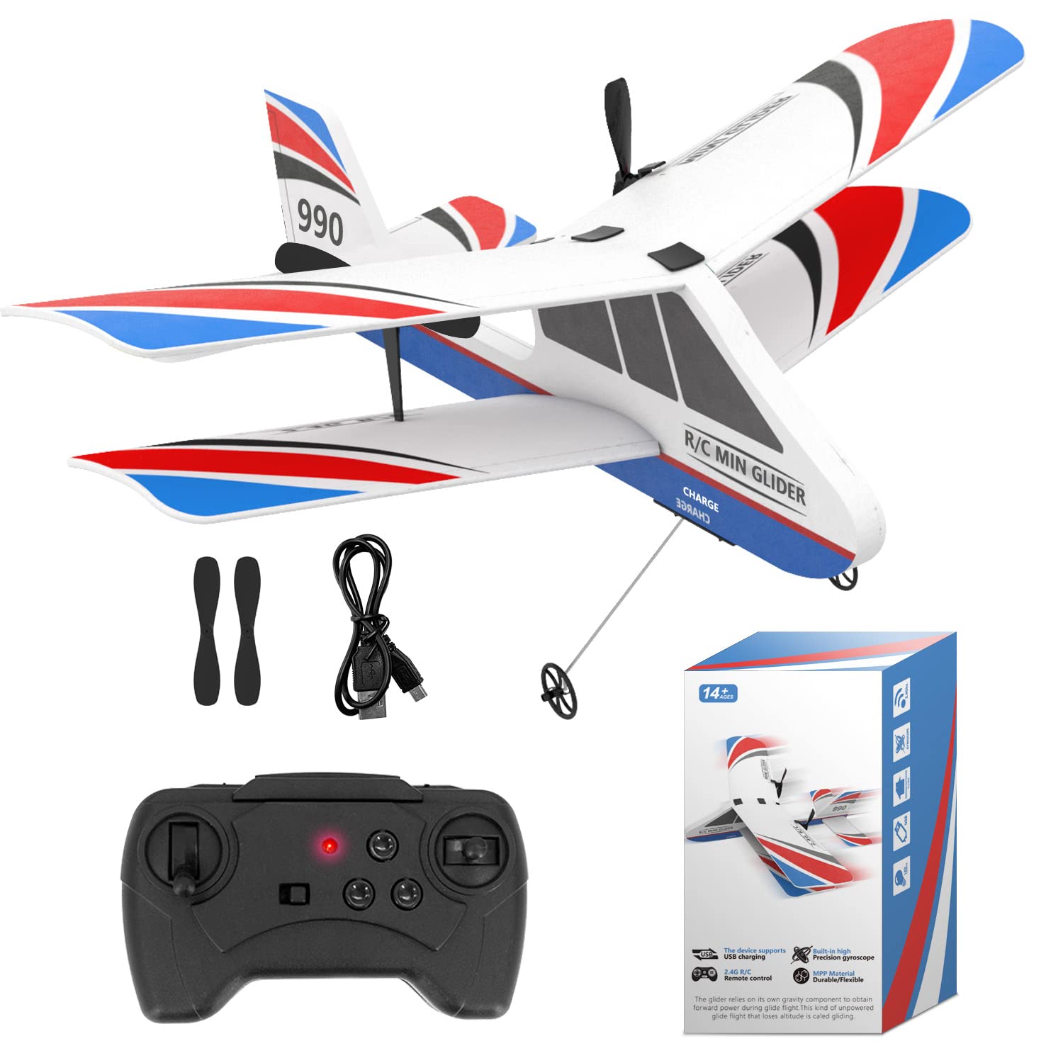 USHINING RC Planes for Kids, Remote Control Airplanes Indoor Outdoor 2.4GHz with Gyro DIY Easy to Fly RC Airplane with LED Light MPP RC Glider for Kids Beginners (White)