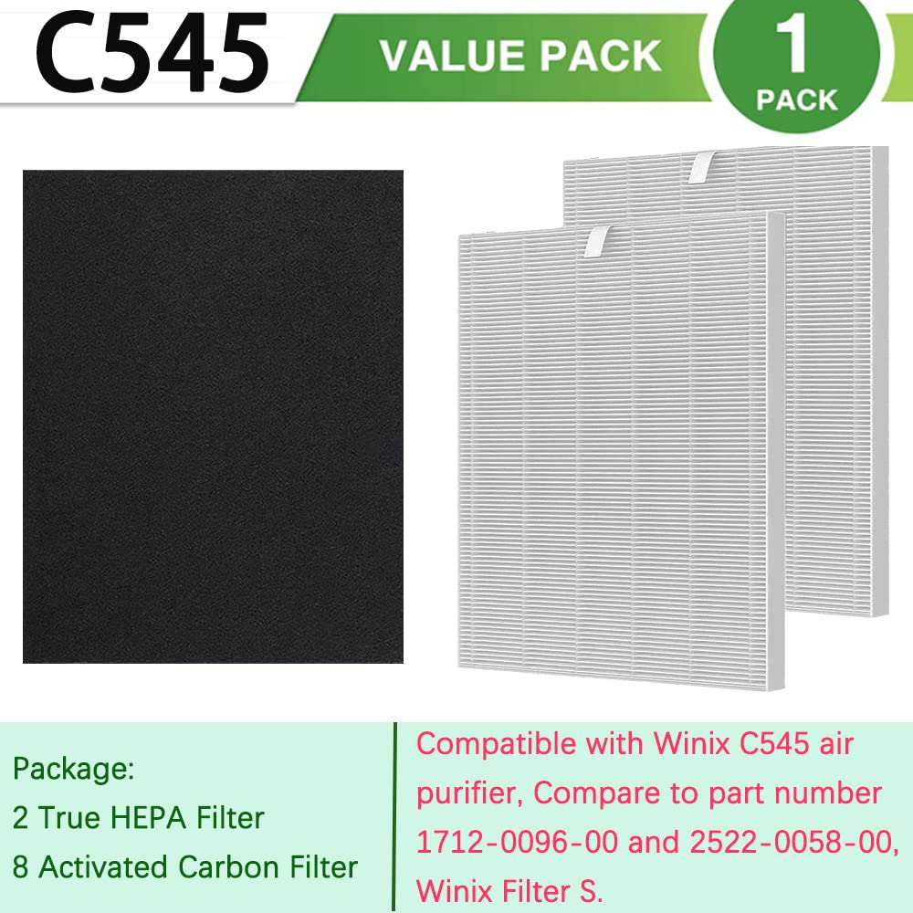 YllJYK C545 True HEPA Replacement Filter S, Compatible with Winix C545 Air Purifier, Compares to Winix S Filter 1712-0096-00, 2 H13 Grade True HEPA + 8 Activated Carbon Filters