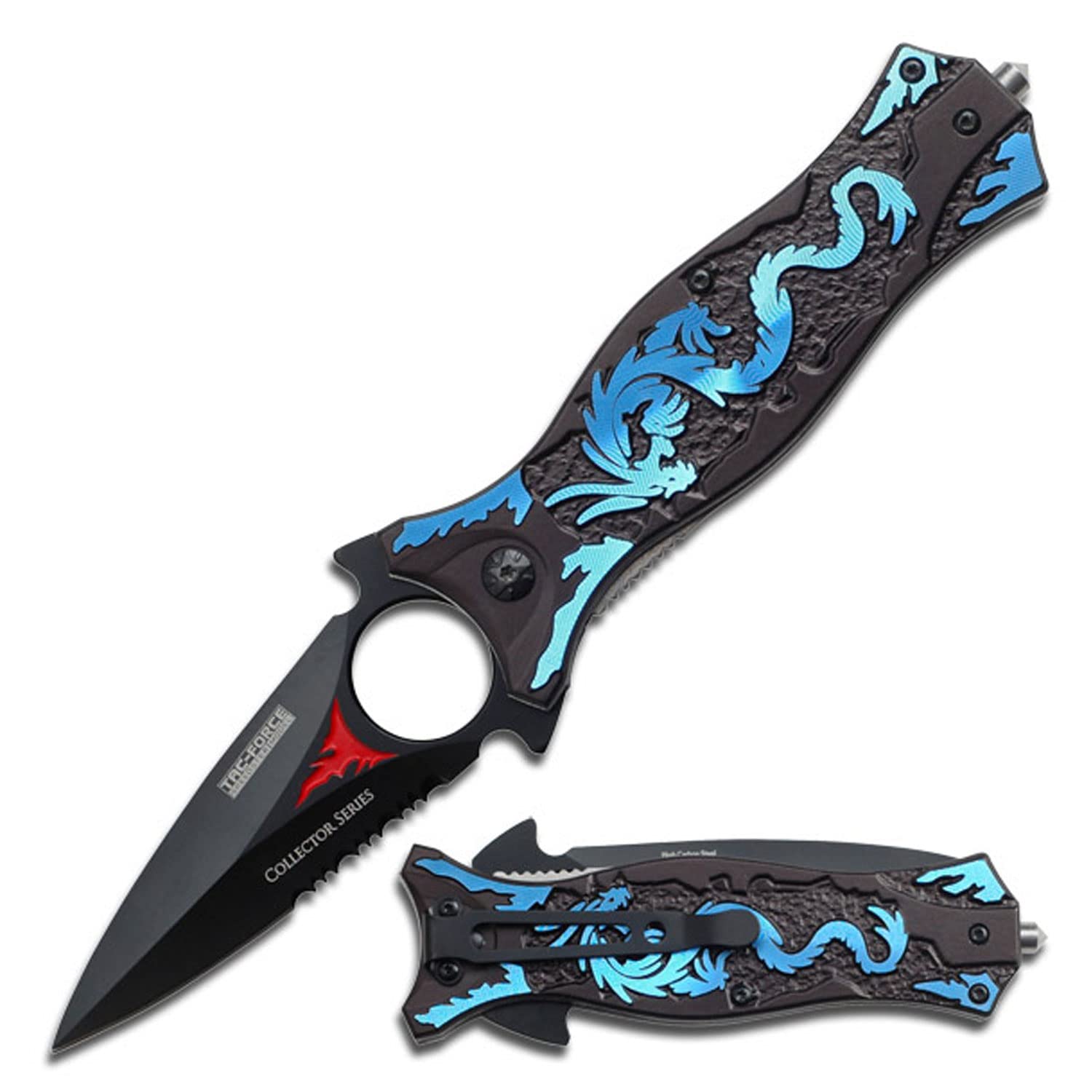 TAC FORCE Spring Assisted Folding Pocket Knife โ Black Partially Serrated Blade, Black Aluminum Handle w/ Blue Dragon Design, Glass Punch and Pocket Clip, Tactical, EDC, Rescue - TF-707BL