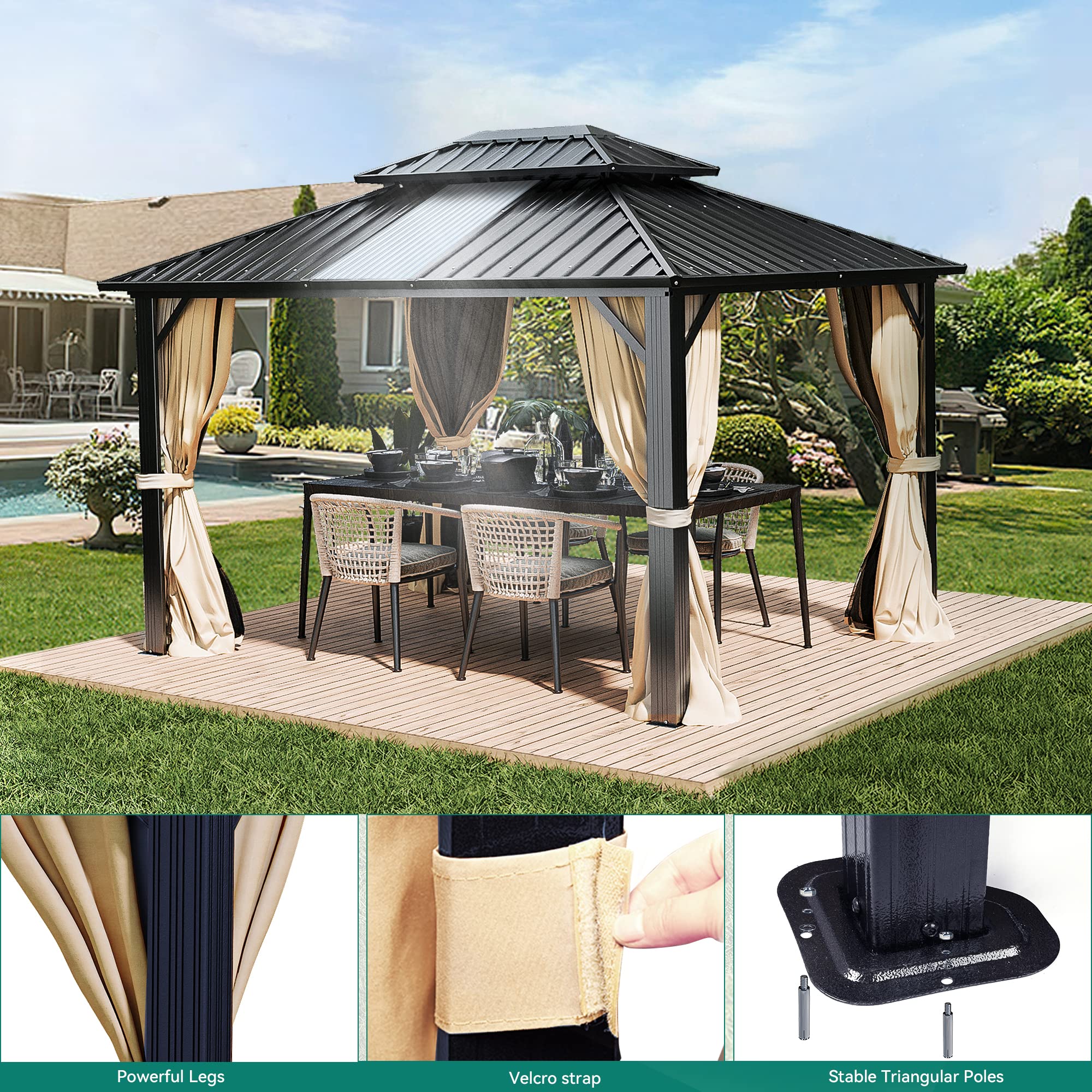 YITAHOME 10x12FT Gazebo Double Roof Skylight Canopy Galvanized Iron Hardtop with Netting and Curtains Outdoor Aluminum Frame Garden Tent for Patio, Backyard, Deck and Lawns