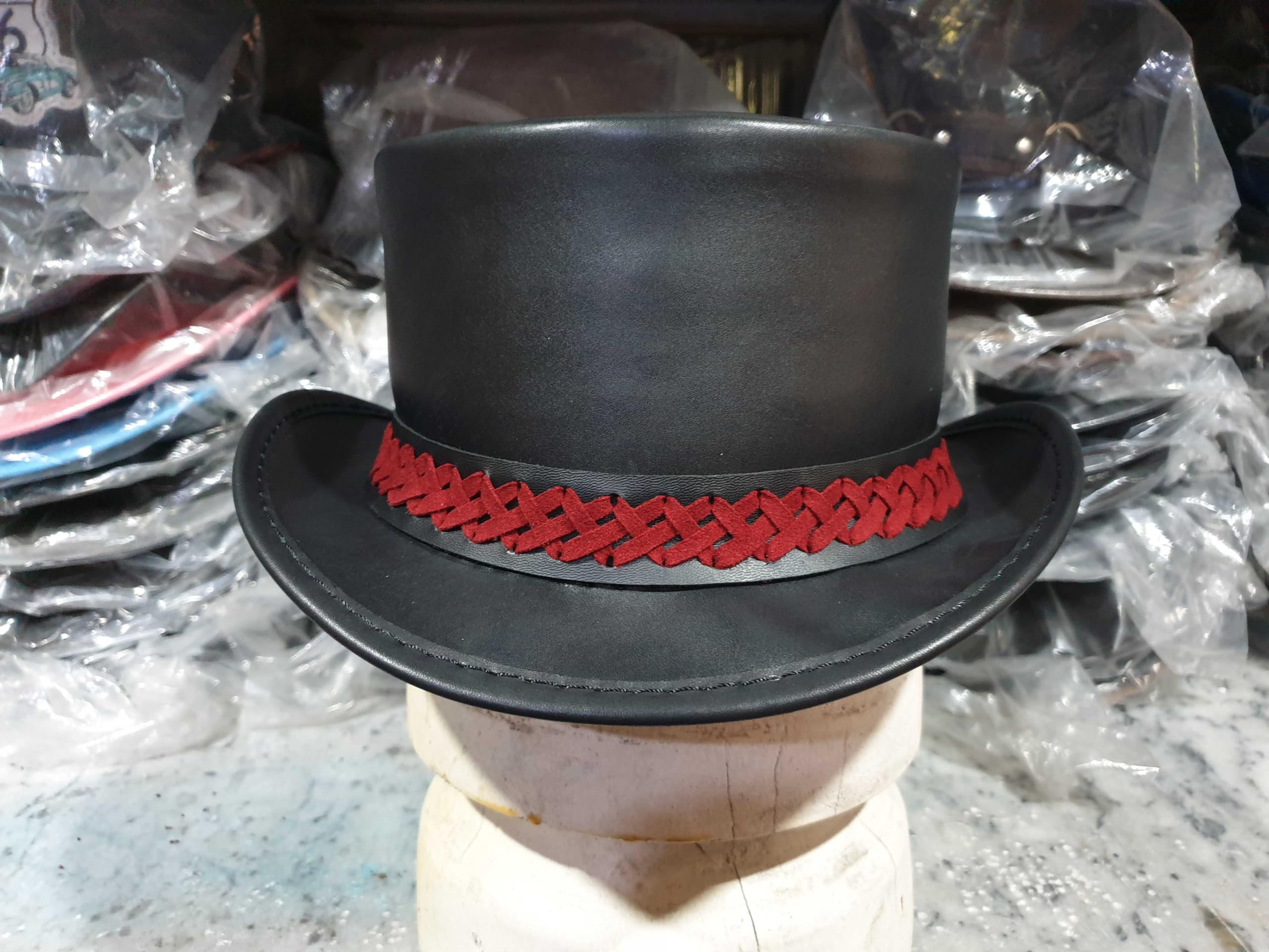 Steampunk Braided Band Black Leather Top Hat (Leather, Large)