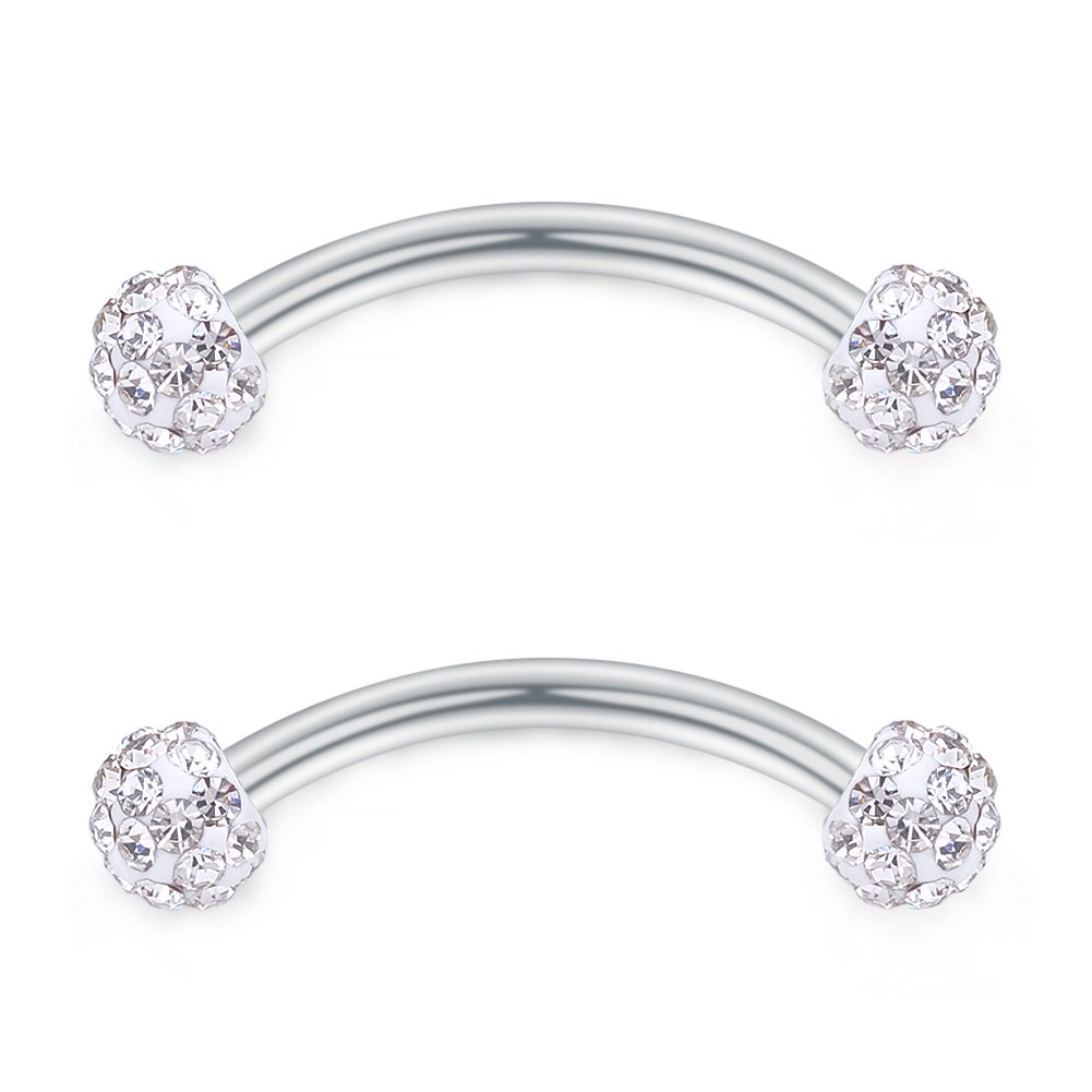 SCERRING 6PCS 16 Gauge 10mm Stainless Steel 3mm CZ Gems Shiny-Ball Curved Barbell Curved Barbell Eyebrow Cartilage Tragus Belly Lip Ring Studs - Silver