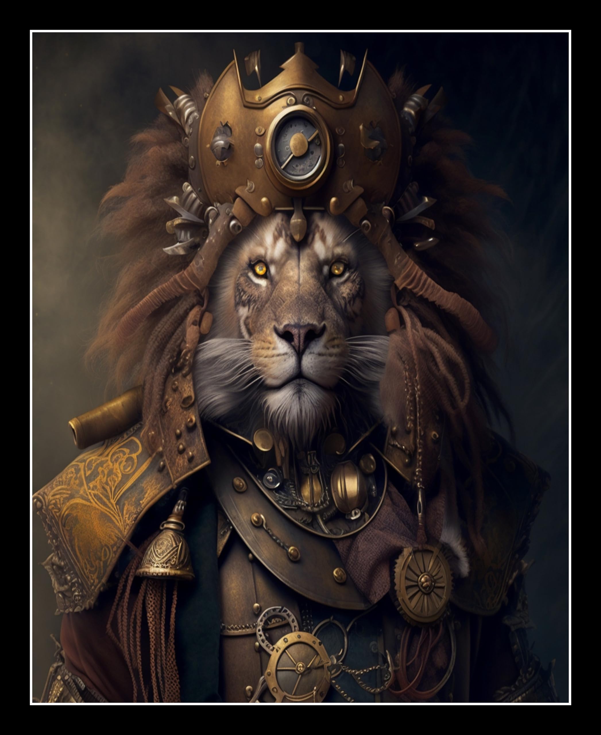Steampunk Lion, Wall Hanging, Animal Poster Picture, Fantasy Anthropomorphic, Curious Arts Gift (8x10)