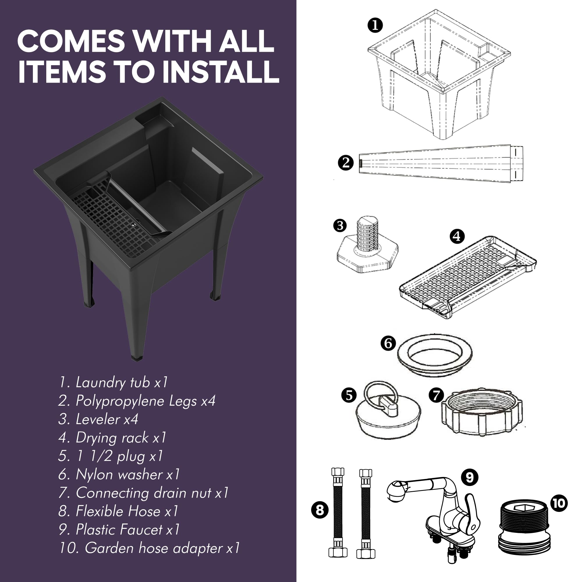 Utility Sink with One-Handle Black Plastic Faucet – Polypropylene Laundry Sink, White Garage Sink, Indoor and Outdoor Use – Complete Sink Set by Noah William Home (24” X 22” X 34” 19.5 Gallons)