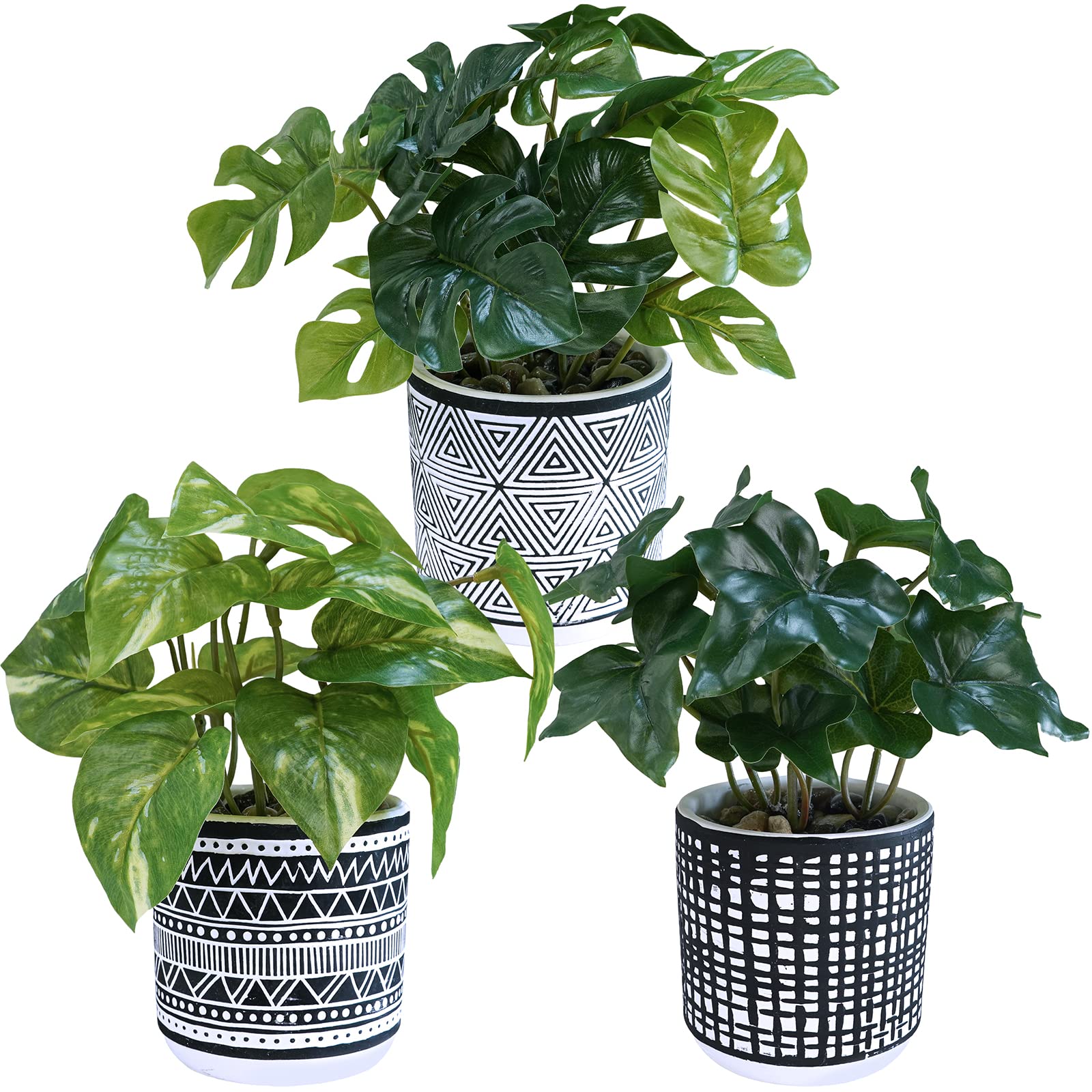 Winlyn 3 Pcs Small Artificial Potted Tropical Plants Faux Monstera Ivy Pothos in Black Geometric Pots for Gifts Hawaiian Tropical Luau Party Table Shelf Office Indoor Outdoor Decor