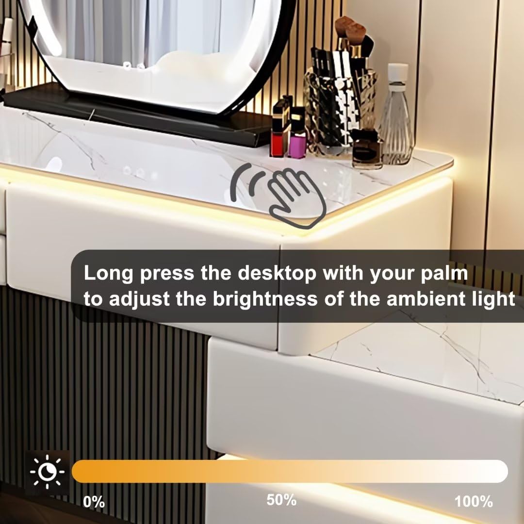 VELLE Vanity, Makeup Vanity with Cabinets and Ambient Light, Vanity Desk Set includes Smart HD Lighted Mirror and Vanity Chairs, Solid Wood Frame Vanity for Bedroom (47", 9 Drawers)