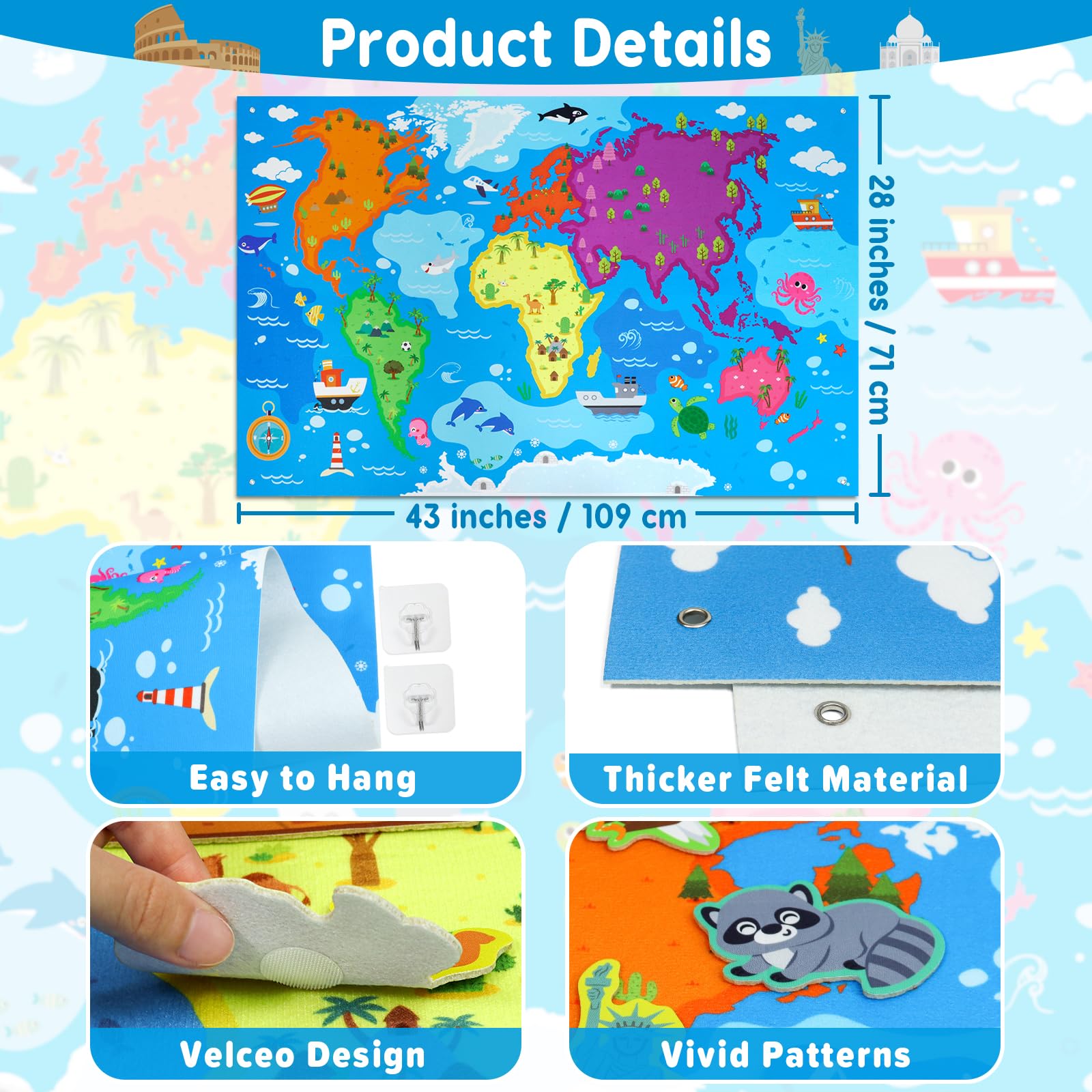 Taika World Felt Set, Felt World Map with World Famous Sights, Educational Play Mat Flannel Board Set, 43x28 inch Preschool Learning Flannel Board