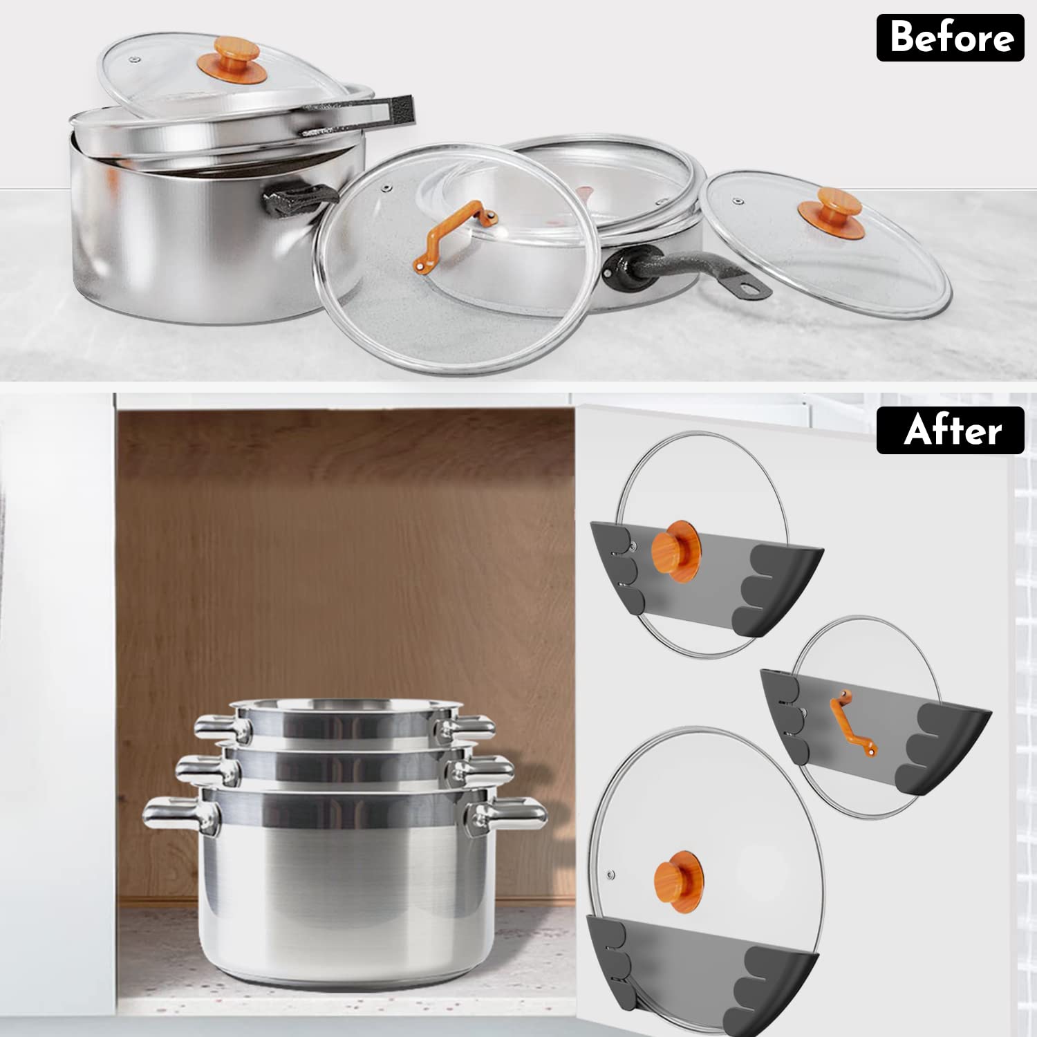 Universal Pot Lid Organizer for Cabinet - Upgraded Patented Niceyos 6 Pack Pan Lids Organizers Inside Door Wall Mount Pots Top Storage Rack Holder Kitchen, Fits 6" to 13" (Black)