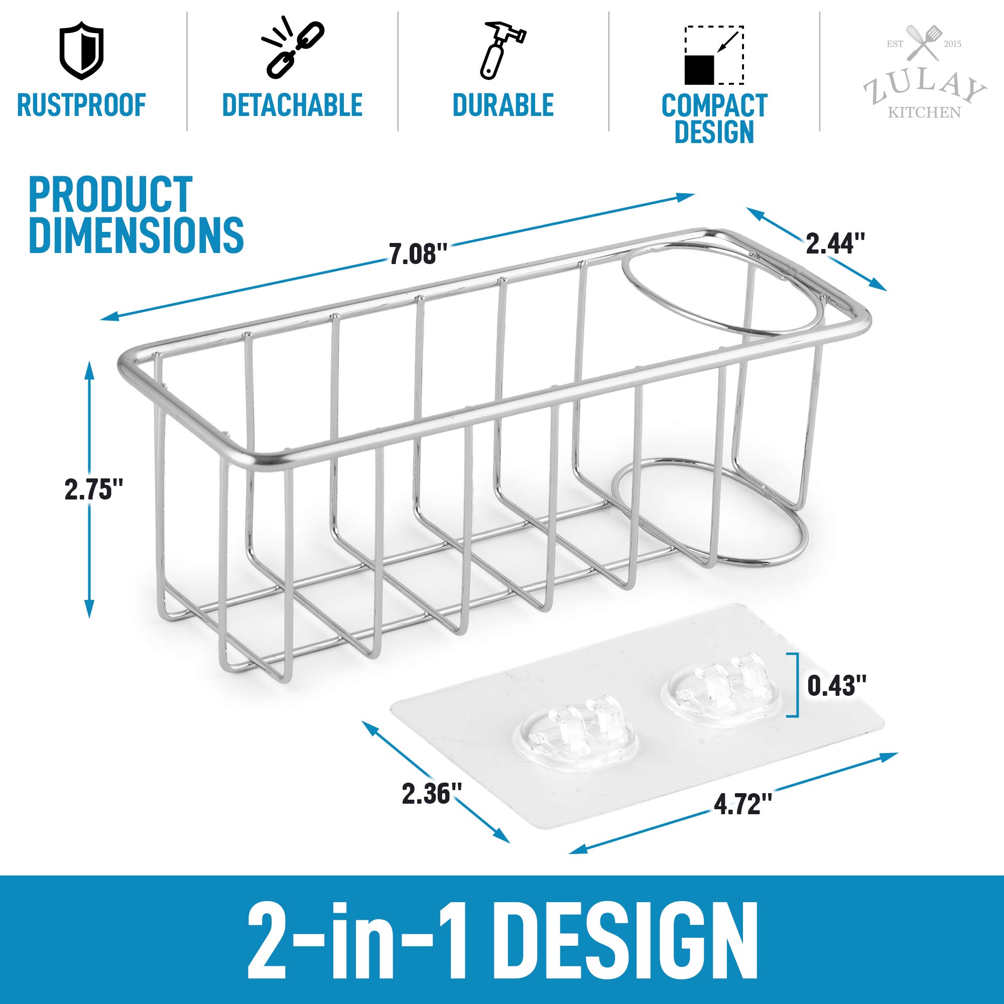 Zulay 2-in-1 Sponge Holder for Sink - Stainless Steel Kitchen Sink Sponge Holder with Extra Strong Adhesive - Rust Proof Dish Brush Holder & Dish Sponge Holder - Solid Sponge Caddy Sink Organizer