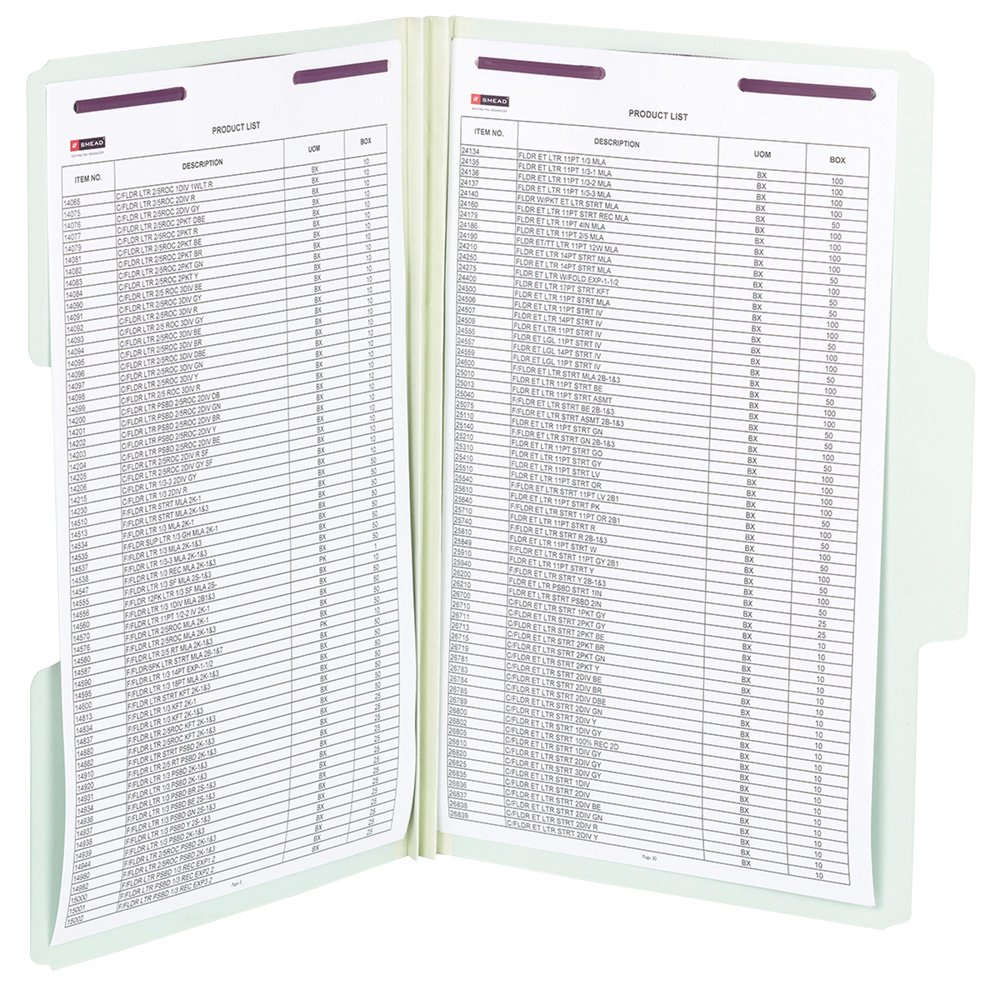 Smead SuperTab Pressboard Fastener Folder with SafeSHIELD Fasteners, 2 Fasteners, Oversized 1/3-Cut Tab, 2" Expansion, Guide Height, Legal Size, Gray/Green, 25 per box (19981)