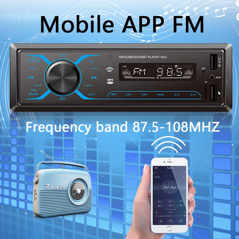 Single Din Car Radio Stereo with Bluetooth 1 DIN in-Dash Car Stereo Support FM Radio App Control, Digital Audio Music Mp3 Player MIC/Dual USB/SD/AUX with Steering Wheel Control