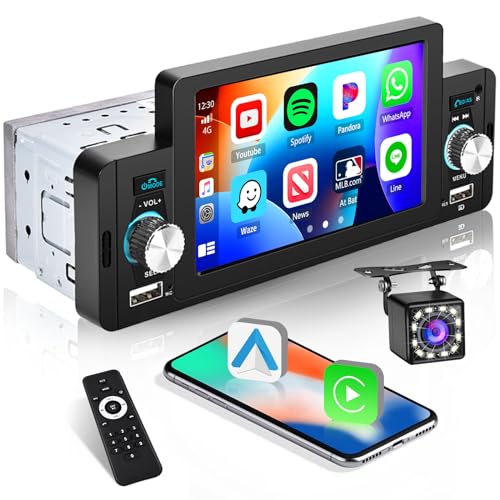 Single Din Touchscreen Car Stereo with Apple CarPlay Android Auto: 5 Inch Car Radio with Bluetooth Hands-Free FM USB Mirror Link for Android/iOS, Backup Camera + Microphone
