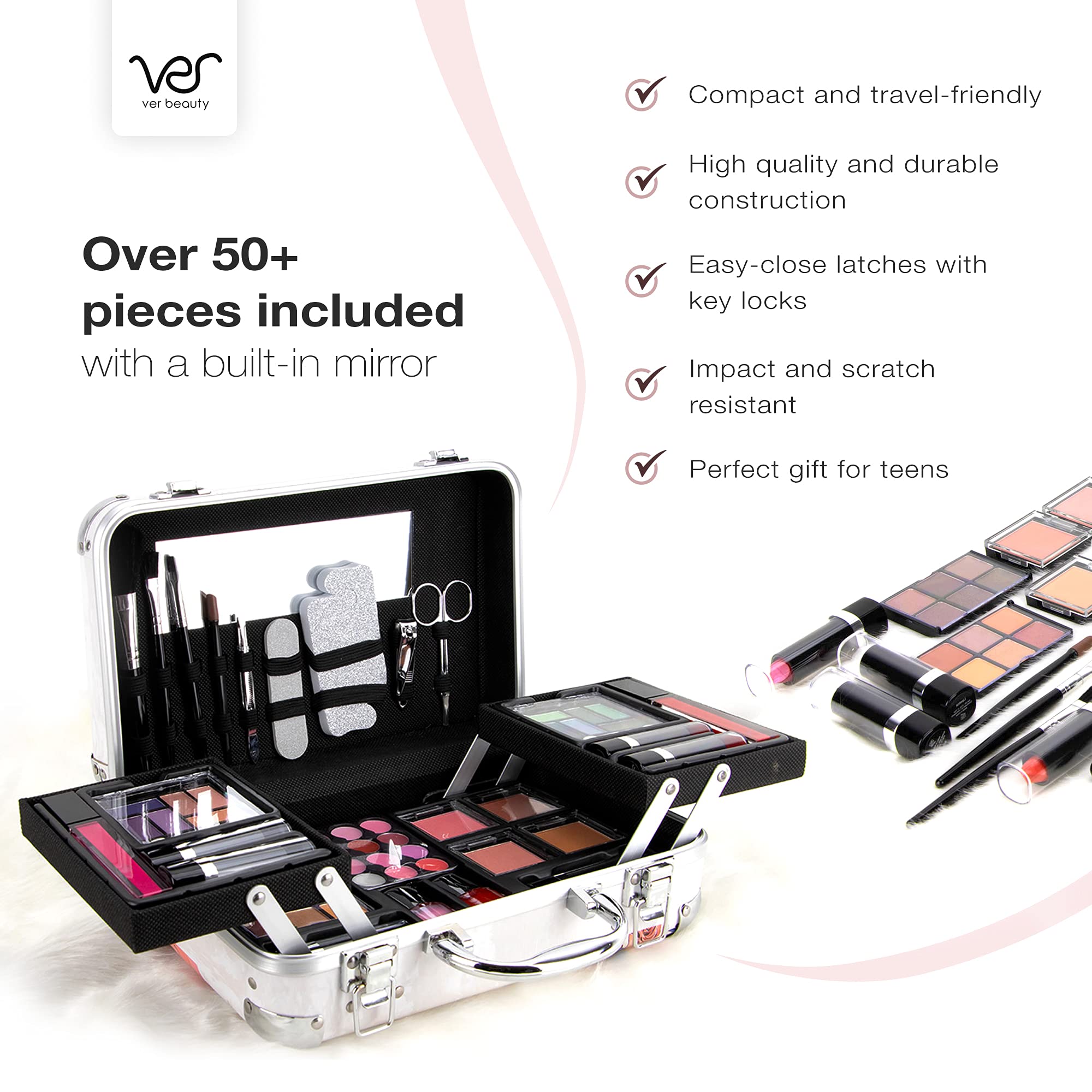 Ver Beauty Makeup Box with Makeup Included β Makeup Train Case with Travel Makeup Mirror β Professional Makeup Case Organizer with 2 trays β Perfect Cosmetic Organizer and Makeup Gift Set for Women