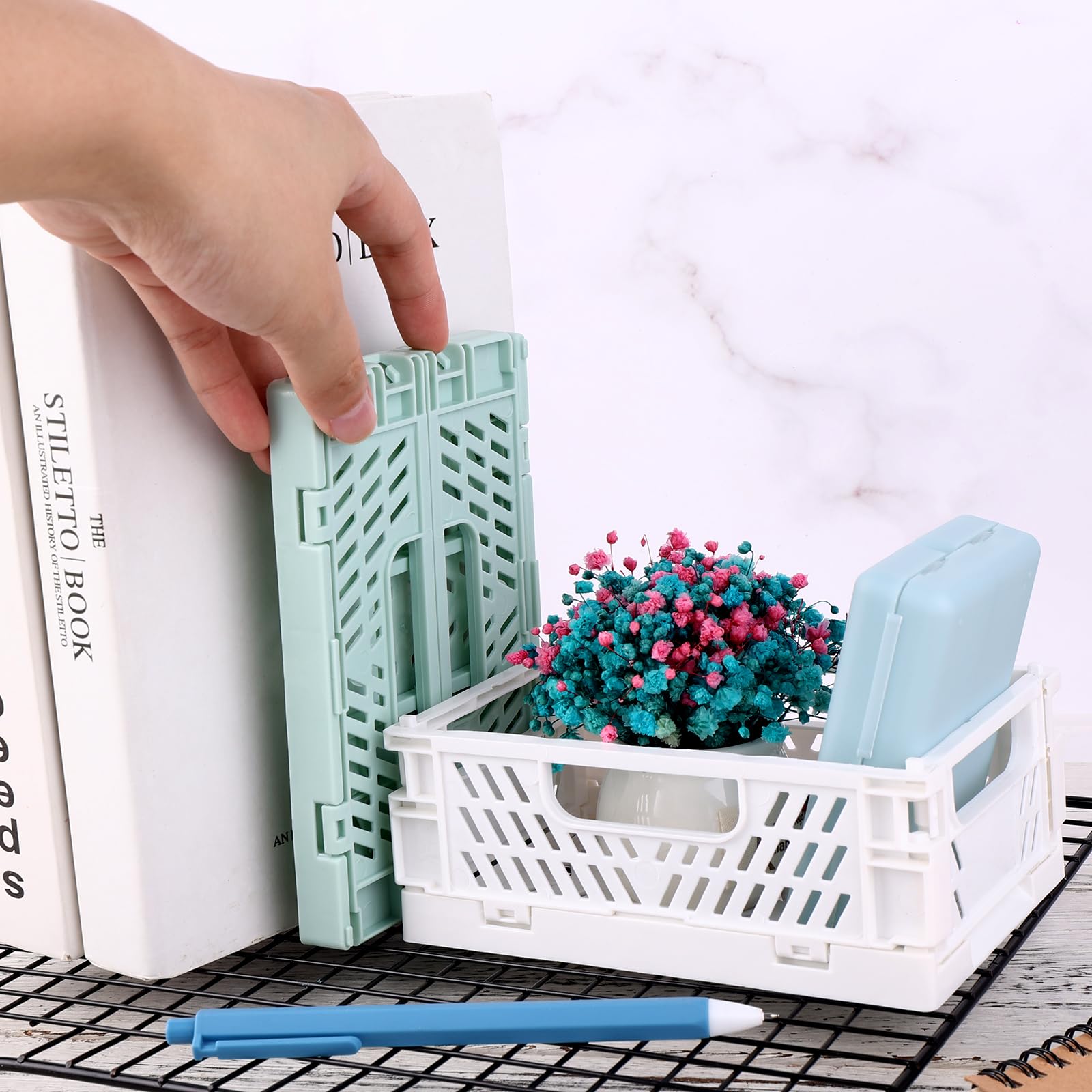 TIESOME 3 Pack Mini Plastic Baskets, Collapsible Storage Crate Pastel Crates Colorful Organizing Crates for Bedroom Office Classroom Kitchen Desktop Drawer Shelf (6 x 3.9 x 2.2in