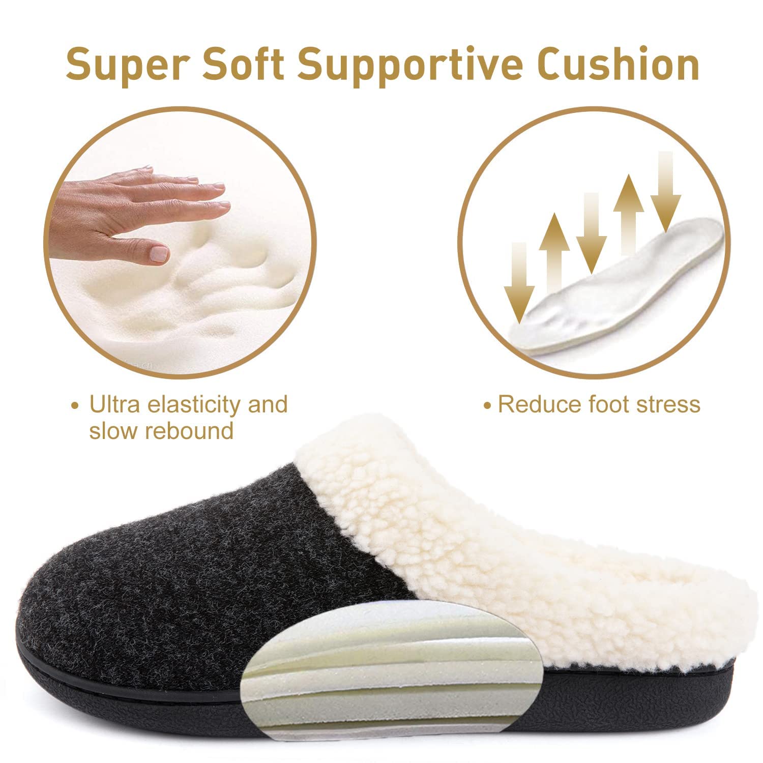 Wishcotton Women's Lamb-rub Sherpa House Slippers Memory Foam Indoor Outdoor, Black, 8-9 US