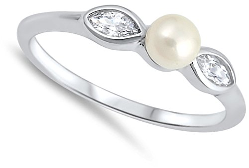 White CZ Simulated Pearl Fashion Ring New .925 Sterling Silver Band Size 9