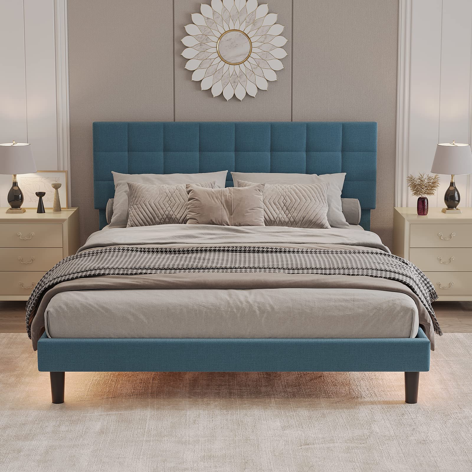 Yone jx je Queen Bed Frame with Lights,Upholstered Platform Bed Frame,Upholstered Queen Size Bed Frame,Mattress Foundation,Box Spring Needed,Easy Assembly (Blue)