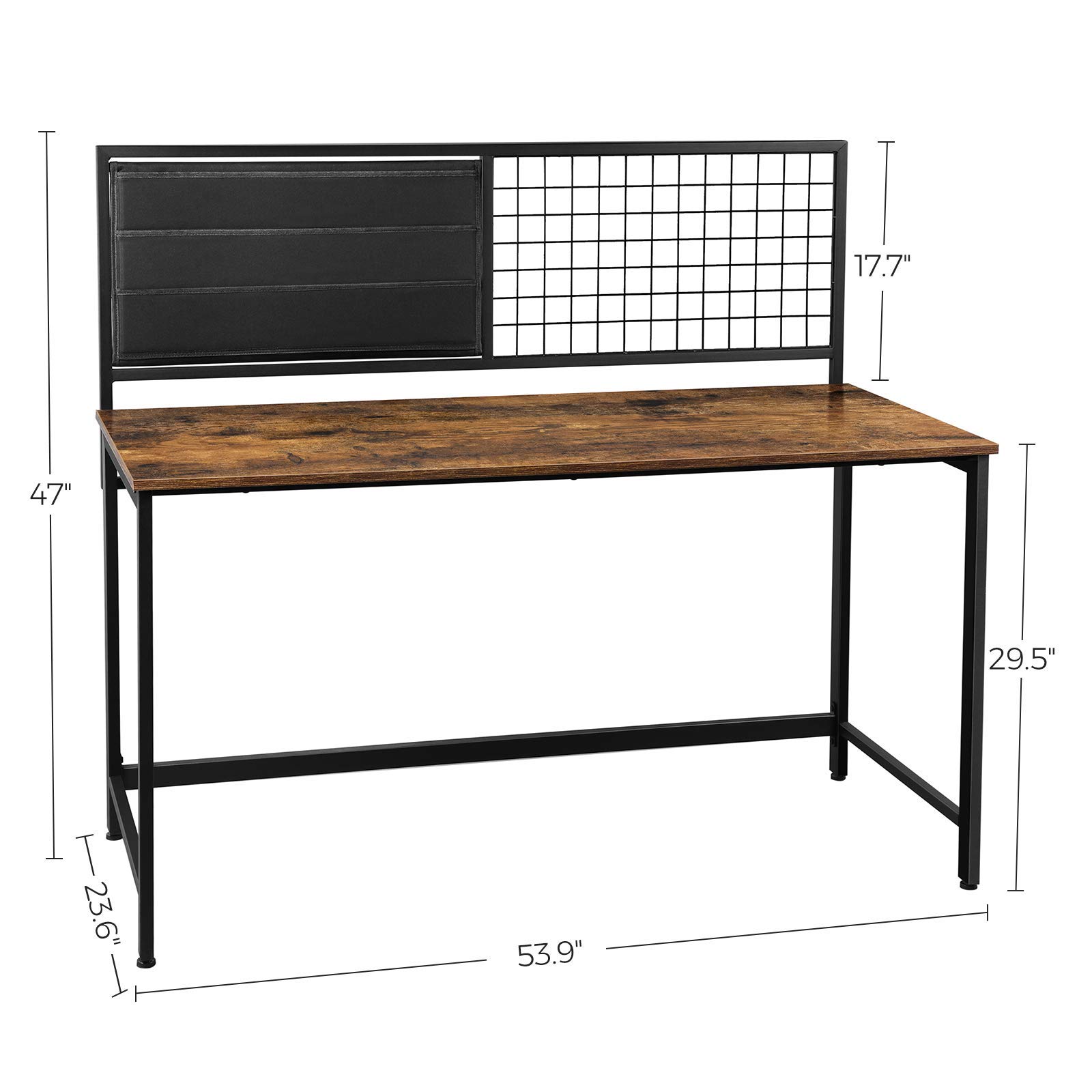 VASAGLE Computer Desk, 53.9 Inches Long Study Writing Desk for Home Office with Grid Board and Fabric Storage Bags, Industrial Style PC Laptop Table, Steel Frame,Rustic Brown and Black ULWD063B01