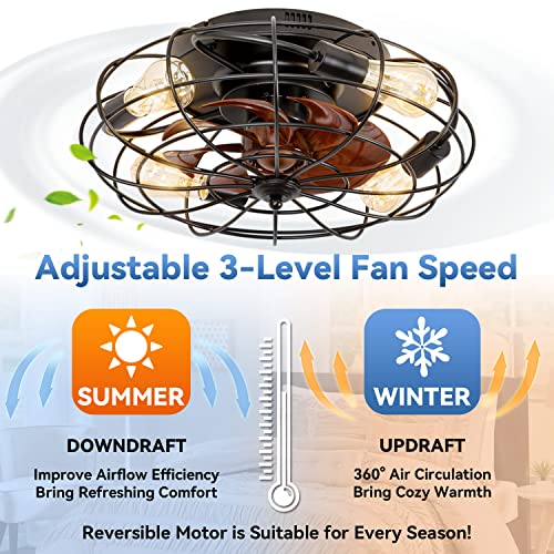 SYXLCYGJ Flush Mount Ceiling Fans with Lights, 3-Speed Reversible Ceiling Fan with Remote Control, 4xE26 Bases, 20 inch, Black