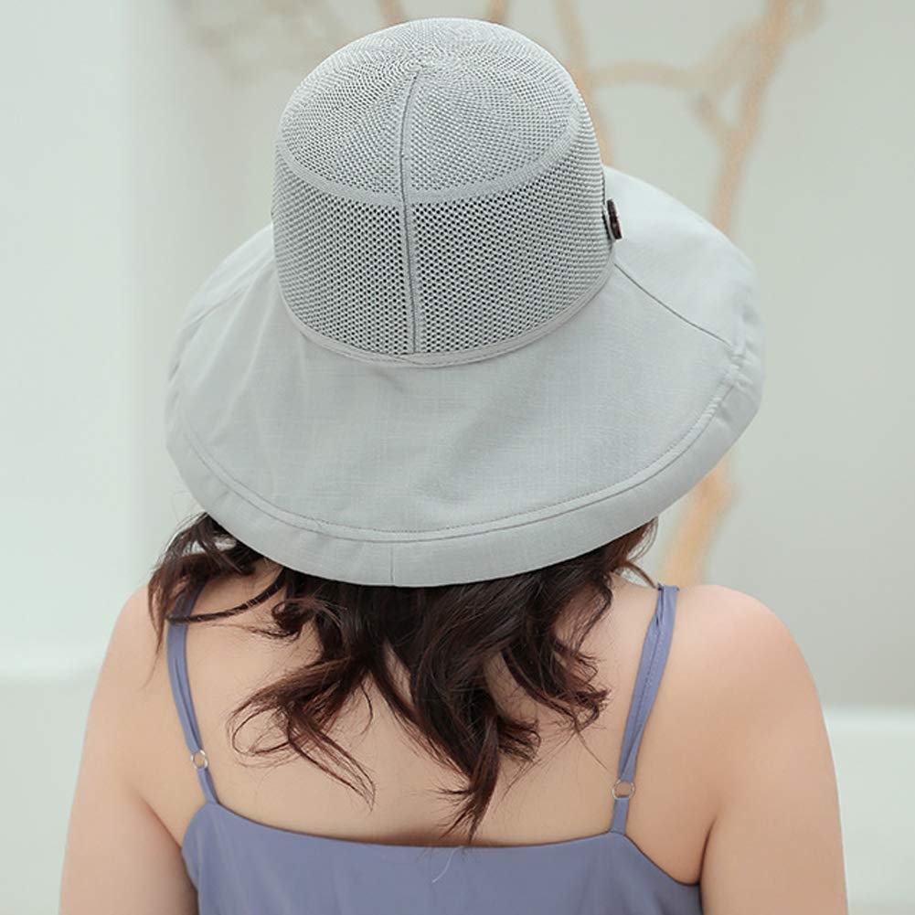 Women Mesh Sun Hats Summer Beach UV Protection UPF Packable Wide Brim Chin Strap (Grey)