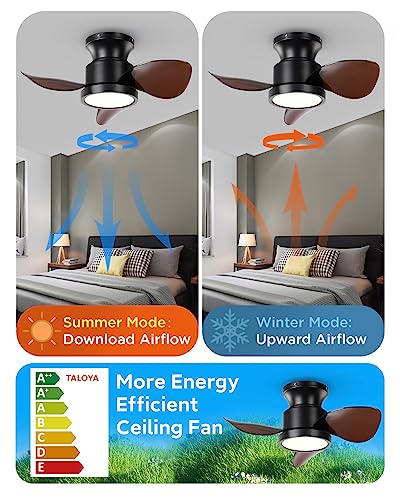 TALOYA Small Ceiling Fans with Lights, Black 22Inch Remote Control Mini Ceiling Fans with Quiet DC Motor Flush Mount 3 Colour Temperature for Bedroom, Patio,Kitchen