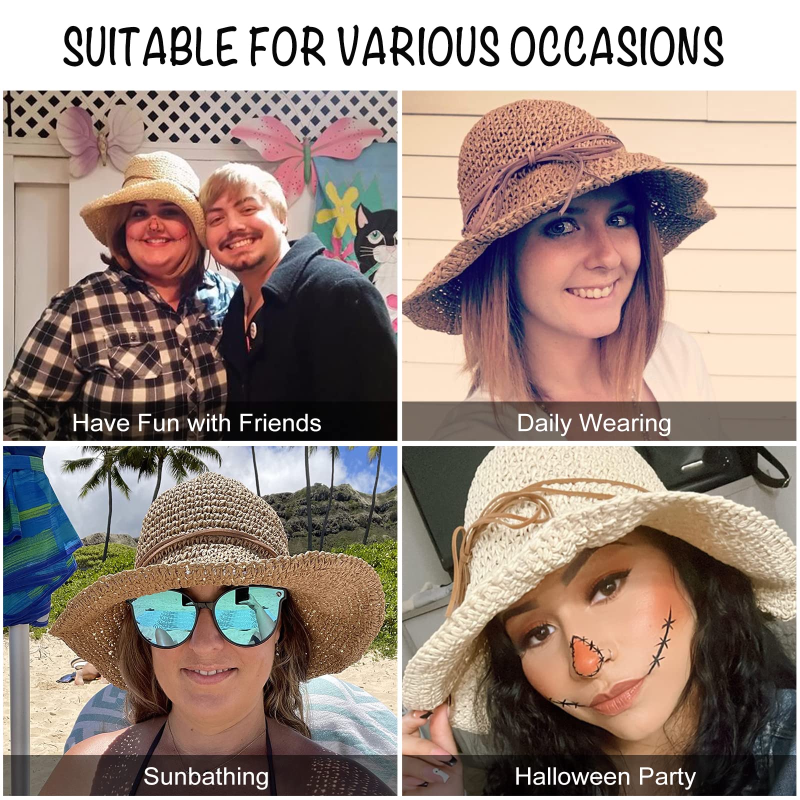 Women Sun Hat Wide Brim Floppy Beach Hat Crochet Straw Hat Breathable UV UPF 50+ Summer Hat Foldable Packable Travel Outdoor Cap Navy Blue