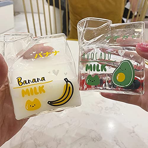 YYSS 380ml Kawaii Milk Glass Cup Creative Square Clear Milk Carton Water Bottle Wholesale Cute Fruit Heat Resistant Breakfast Cups (Peach, 300-400ml)