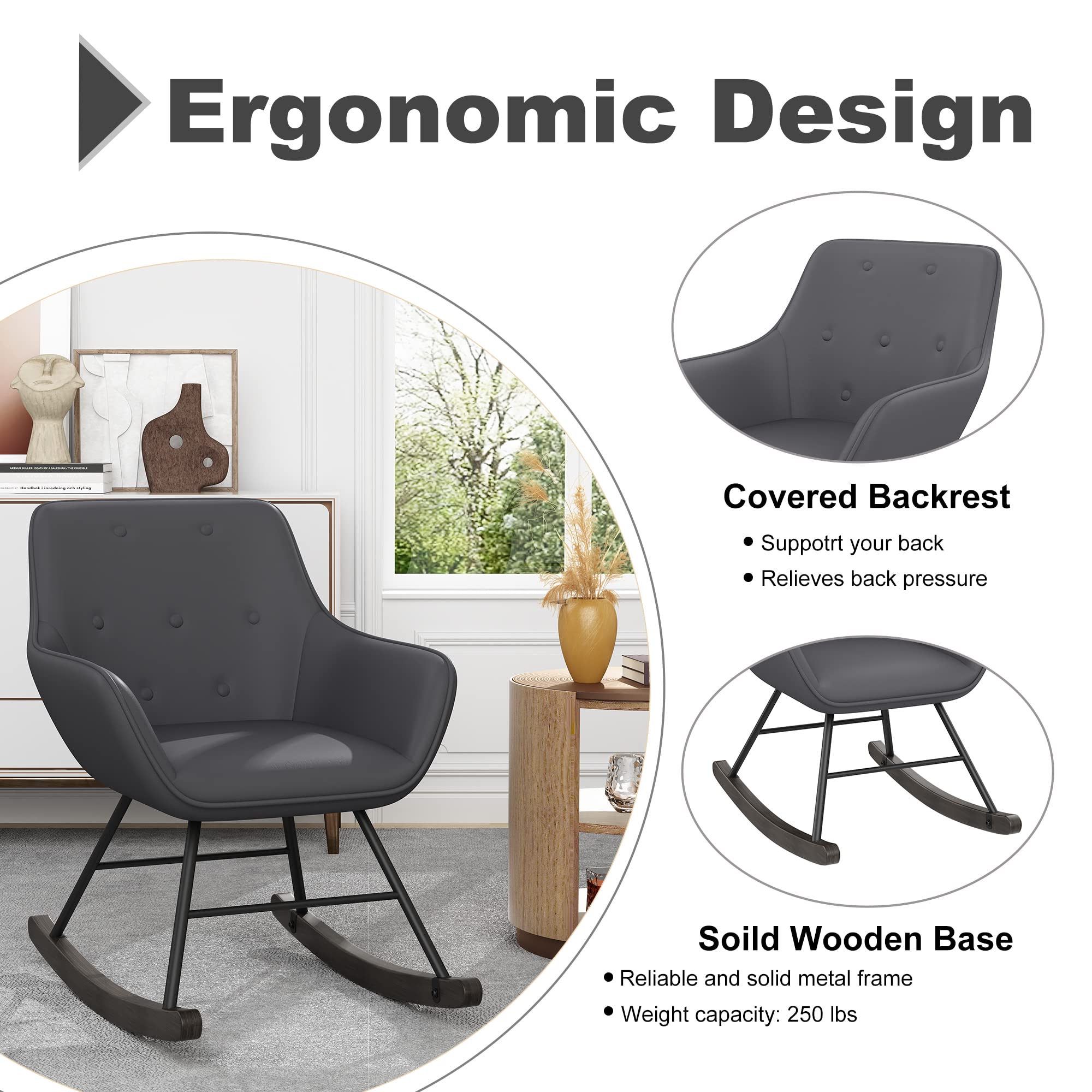 WENTMENT Rocking Chairs Nursery Set of 2, Curved Backrest Rocking Accent Chairs with Solid Wood Base Upholstered Glider Rocker for Living Room Bedroom Baby Room (Grey)