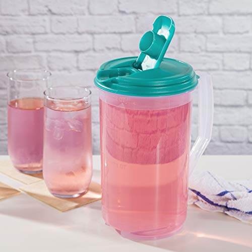 Sterilite 2 Qt Round Pitcher, Spout and Handle for Easy Pouring of Water or Juice, Plastic, Dishwasher Safe, Clear w/Teal Lid, 6-Pack