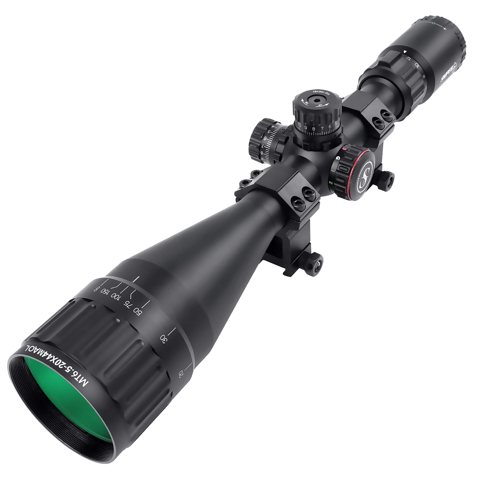 Sniper MT6.5-20x44AOL Rifle Scope w/Lock Zero, Adjustable Objective. Red/Green Illumination Mil-dot Reticle. Comes with Extended Sunshade and Heavy Duty Ring Mount and Lens Cover