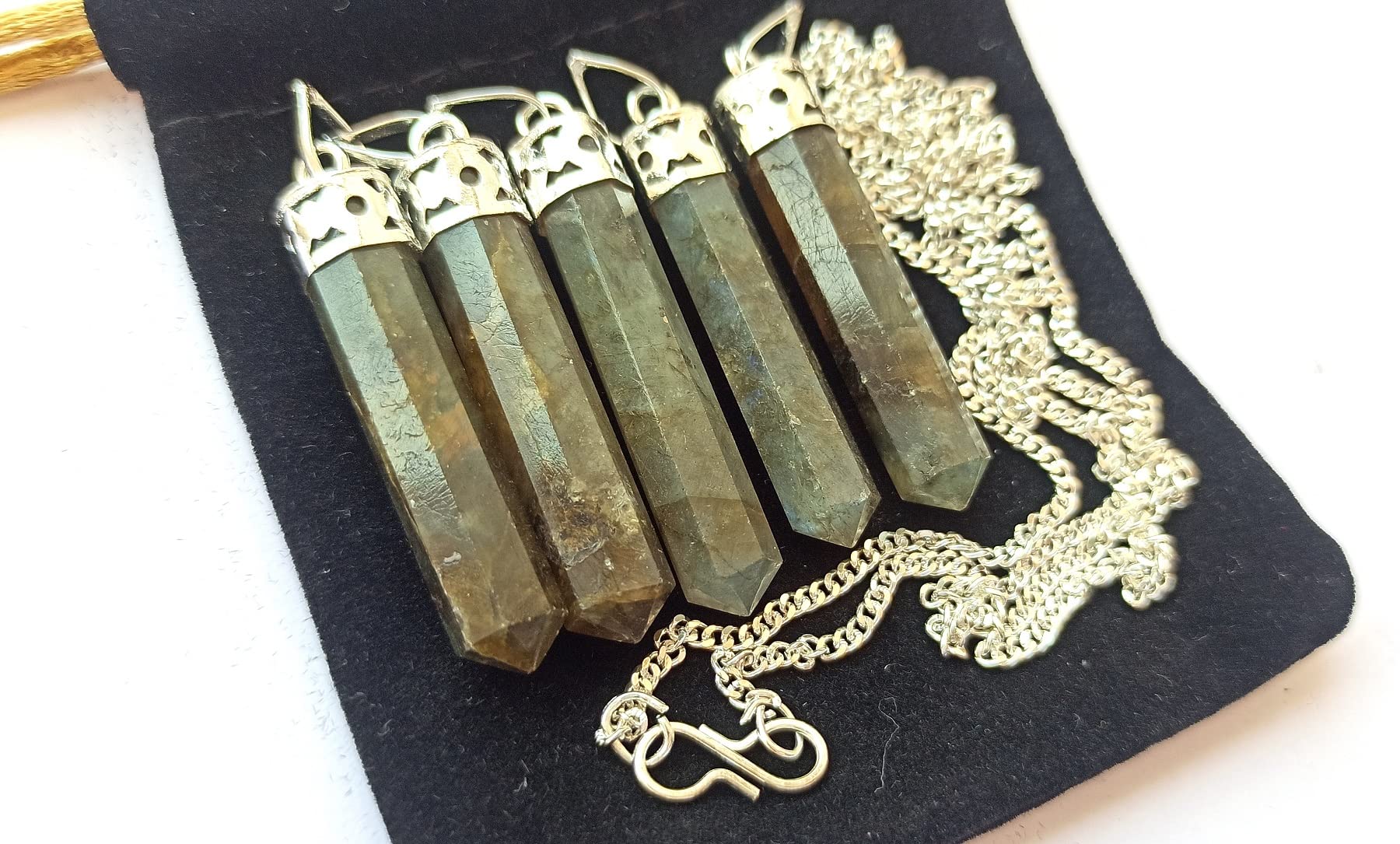 WholesaleGemShop 5 Pieces (Five) Labradorite Pendant Silver Toned Bail Pencil Point Pendant.