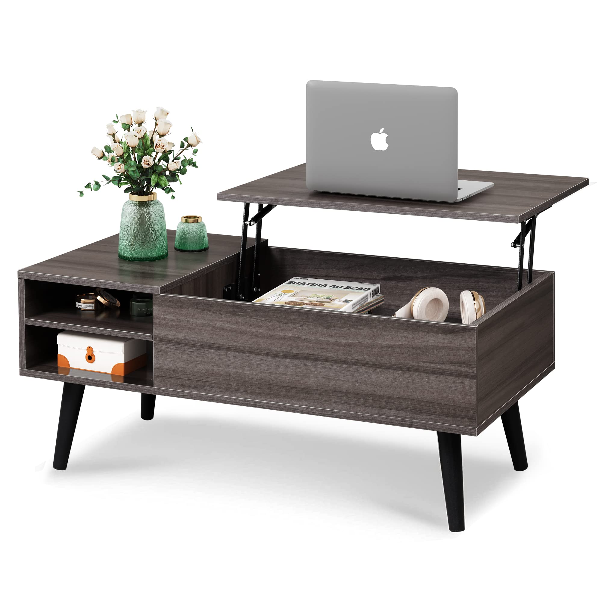 WLIVE Lift Top Coffee Table with Storage for Living Room,Small Hidden Compartment and Adjustable Shelf,Mid Century, Modern ,Wood,Grey