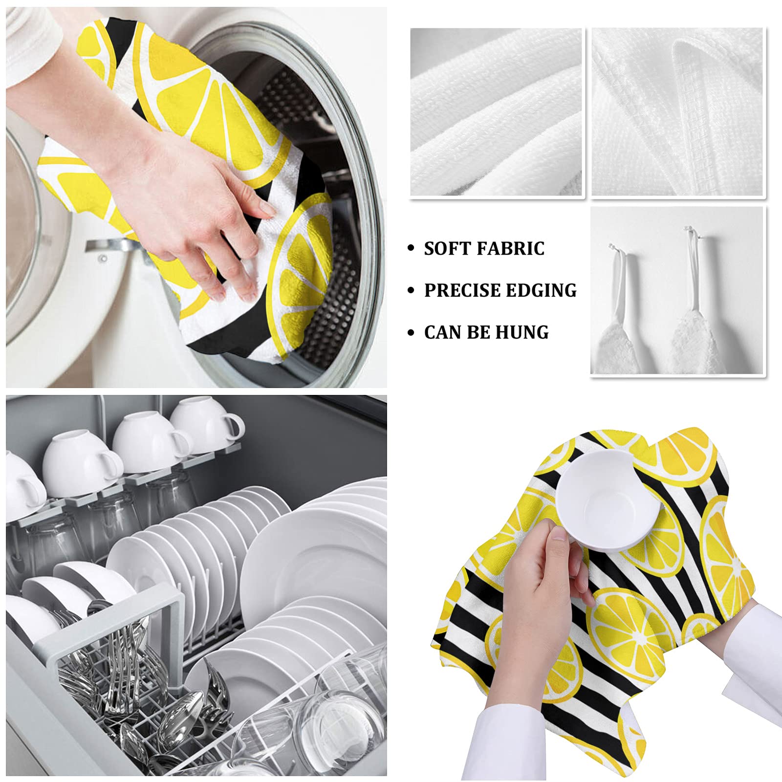 Zadaling Kitchen Towels,Yellow Summer Lemon Black White Stripe 16x28 Inches Soft Kitchen Dish Cloth,Cotton Tea Towels/Bar Towels/Hand Towels,(2 Pack)