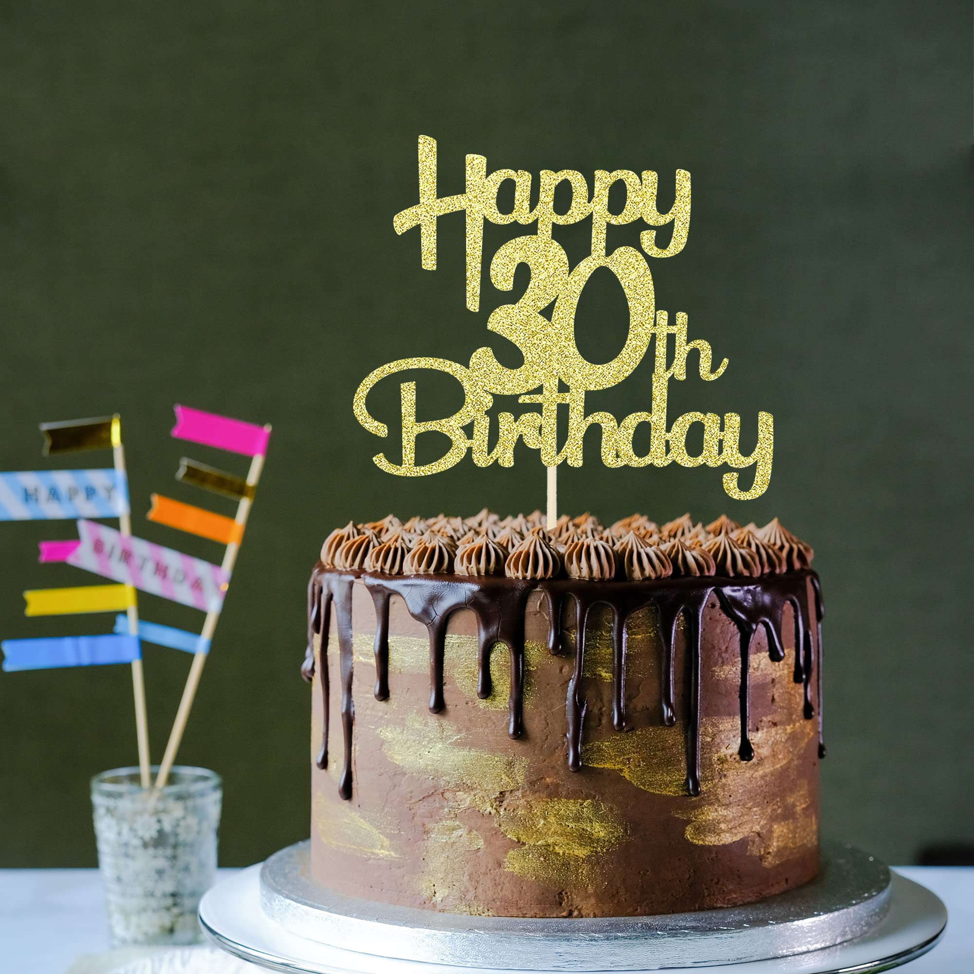 Sotpot Happy 30th Birthday Cake Topper Gold Glitter 30th Cake Toppers 30 Birthday Cake Decorations Cheers to 30 Fabulous Party Cake Picks - 1 Pack