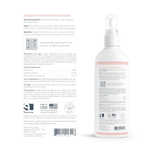 Veterinary Formula Clinical Care Hot Spot & Itch Relief Medicated Spray, 8oz β Easy to Use Spray for Dogs & Cats β Helps Alleviate Sensitive Skin, Scratching, and Licking of Coat