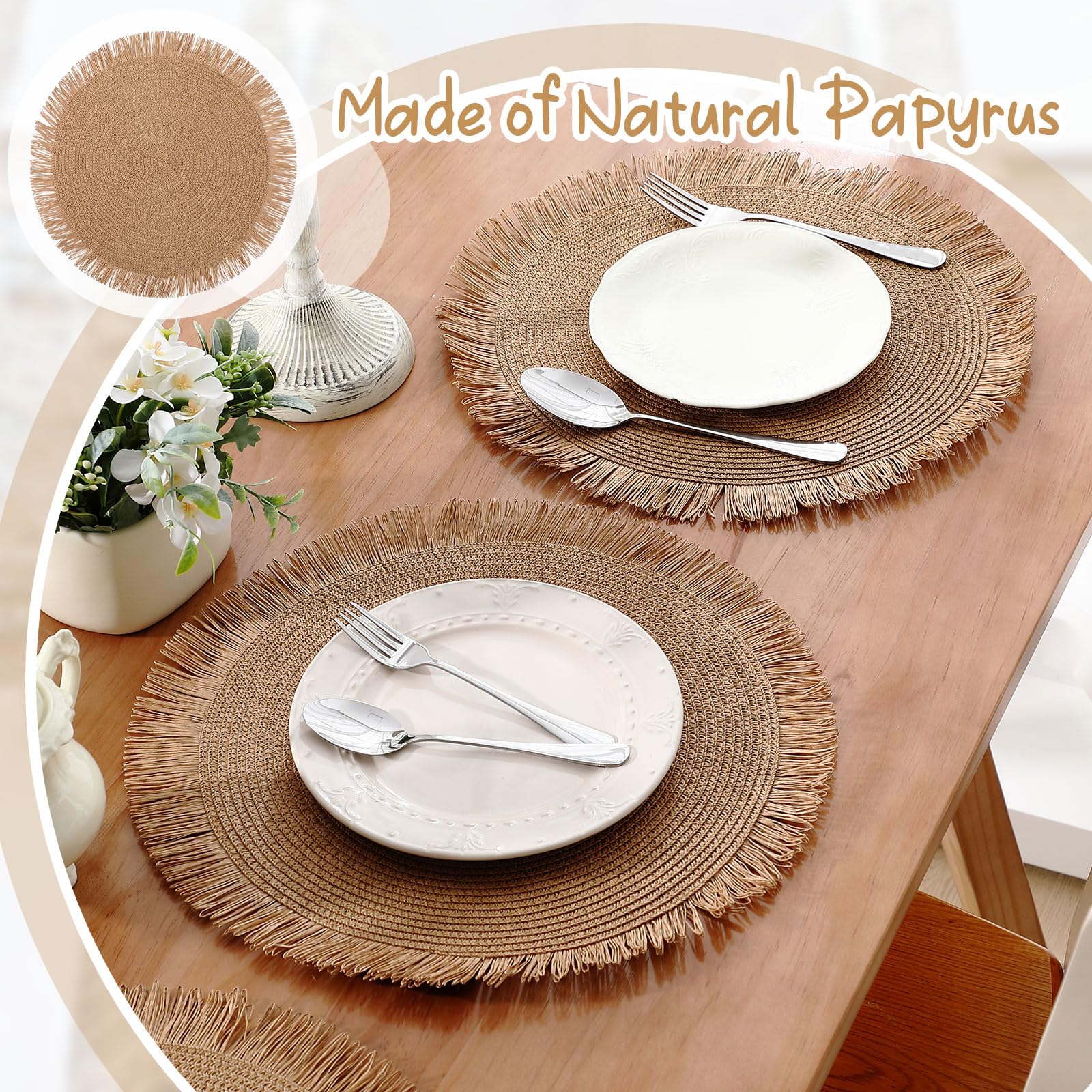 Tioncy 24 Pcs (12 Sets) Round Boho Woven Paper Placemats and Braided Coasters 12 Pcs 15 Inch Heat Resistant Table Mats 12 Pcs 7 Inch Non Slip Drink Coaster for Wedding Kitchen Dining Party Banquet
