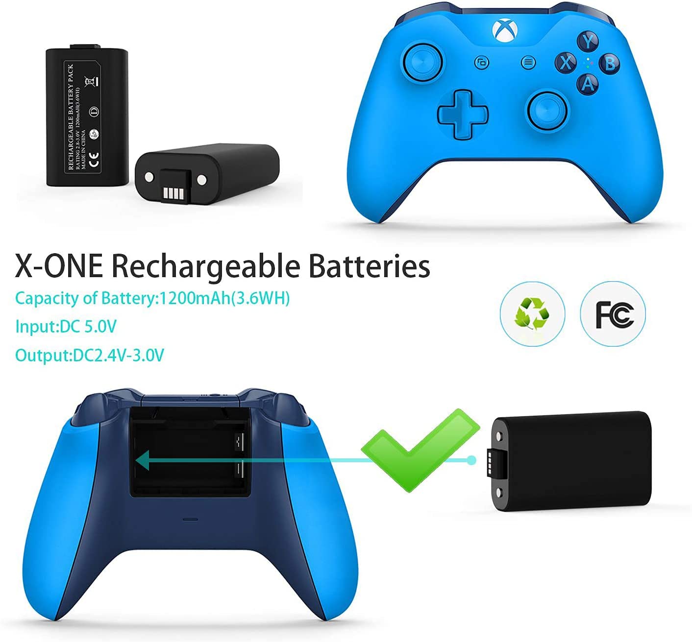 Xbox One Controller Battery Pack, 2 1200mAh Rechargeable Battery Pack for Xbox one with LED/ 5FT Micro USB Charging Cable,Charge and Play for One/One X/S (Not for Xbox Series X/S Controller)