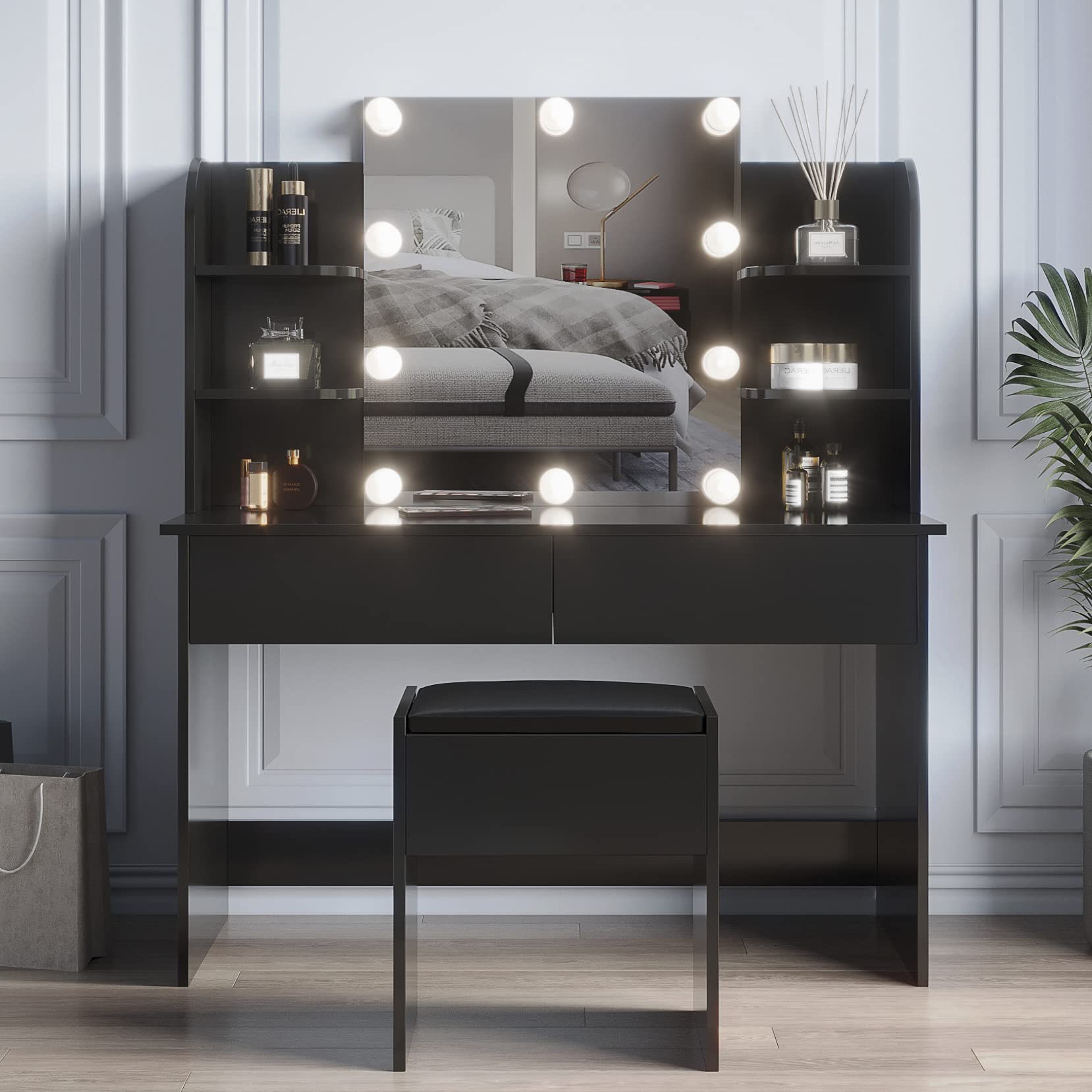 Tiophome Makeup Vanity Desk with LED Mirror & 10 Lights, Large Storage with 2 Drawer & 6 Open Shelves, Adjustable Brightness, Bedroom Dresser Dressing Table, Black