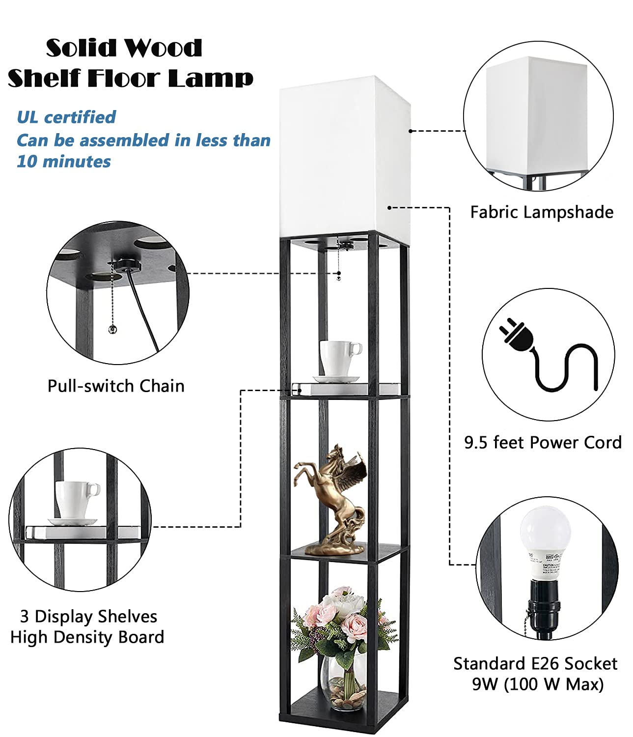 Wishwill Floor Lamp with Shelves, Modern Standing Shelf Lamp with 3 CCT LED Bulb and White Shade for Living Room Bedroom and Office-Black