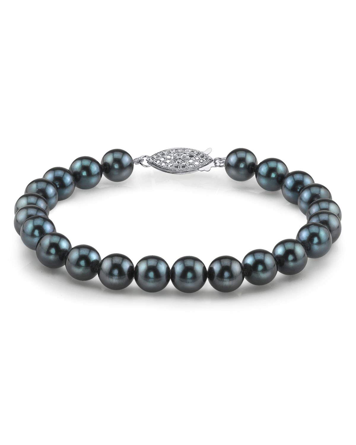 The Pearl Source Sterling Silver 5-5.5mm Round Black Japanese Akoya Saltwater Cultured Pearl Bracelet for Women