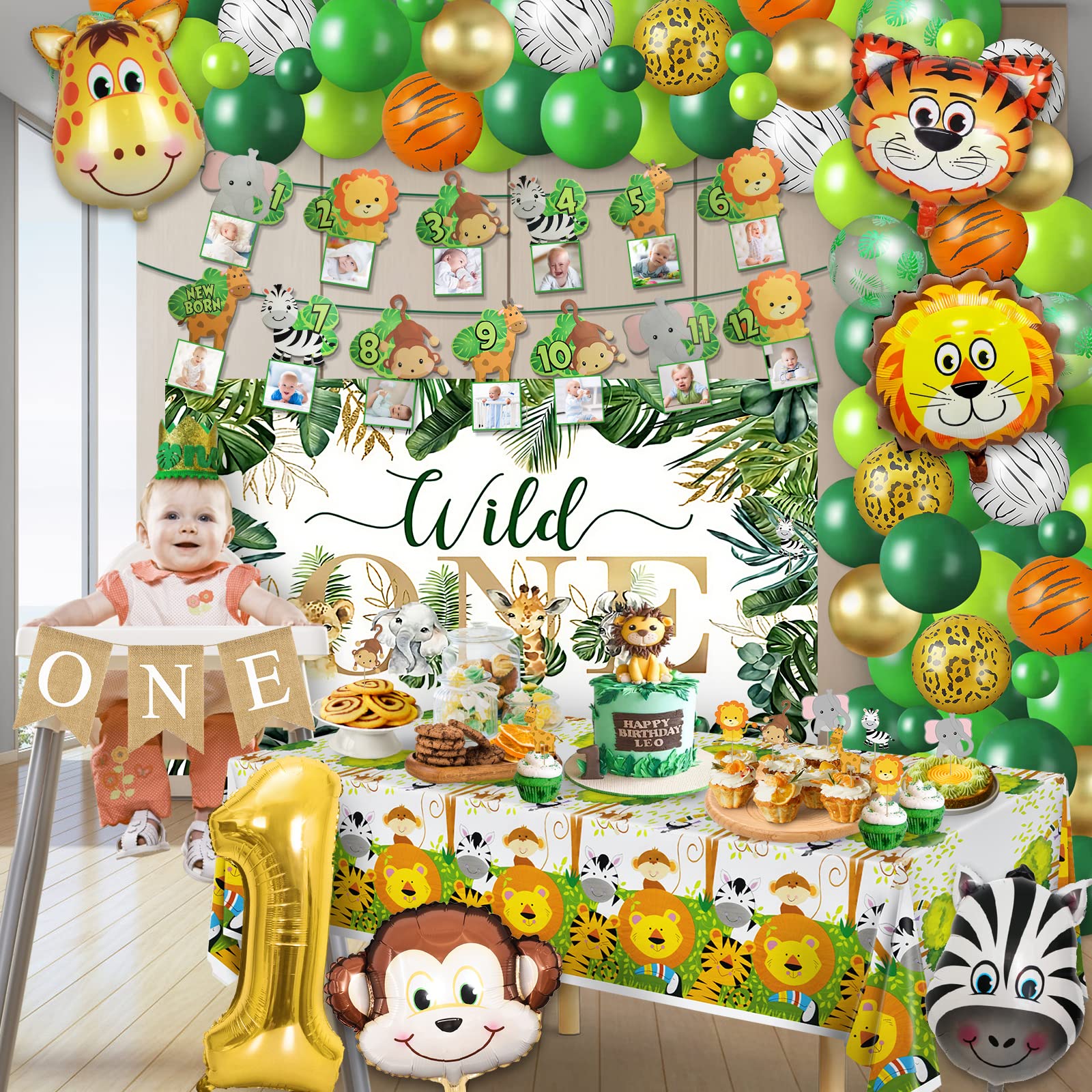 Wild One Birthday Decorations for Boys, Safari First Birthday Decorations, include Backdrop, Tablecloth, Balloon Arch, Highchair Banner, Monthly Photo Banners, Crown, Jungle Animals Foil Balloons