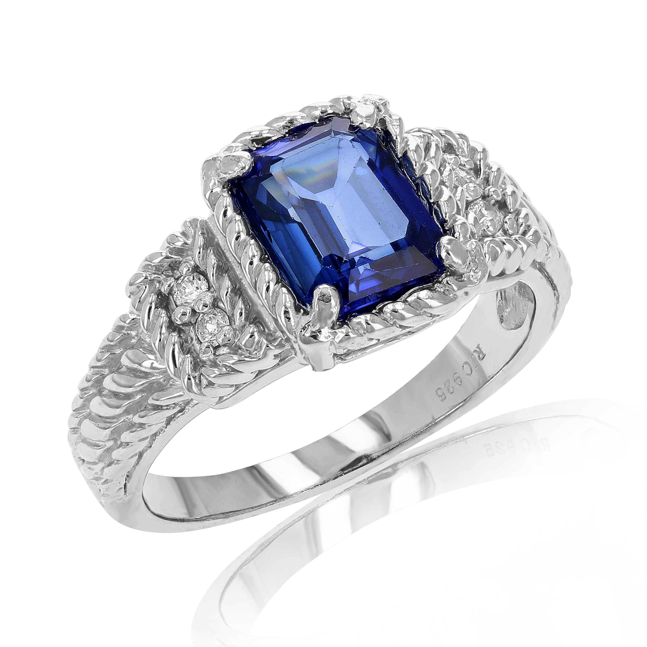 VIR JEWELS 1 cttw Created Blue Sapphire Ring Emerald Cut .925 Sterling Silver Ring Size 7