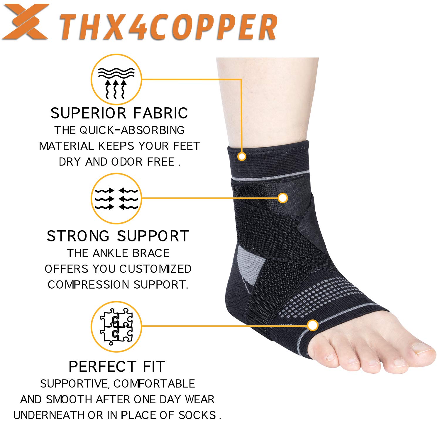 THX4COPPER Ankle Brace Support - Adjustable Compression Ankle Wrap for Protection, Pain Relief, Sprains, Injuries Recovery- Breathable & Comfortable Foot Sleeve - Men/Women, Left/Right