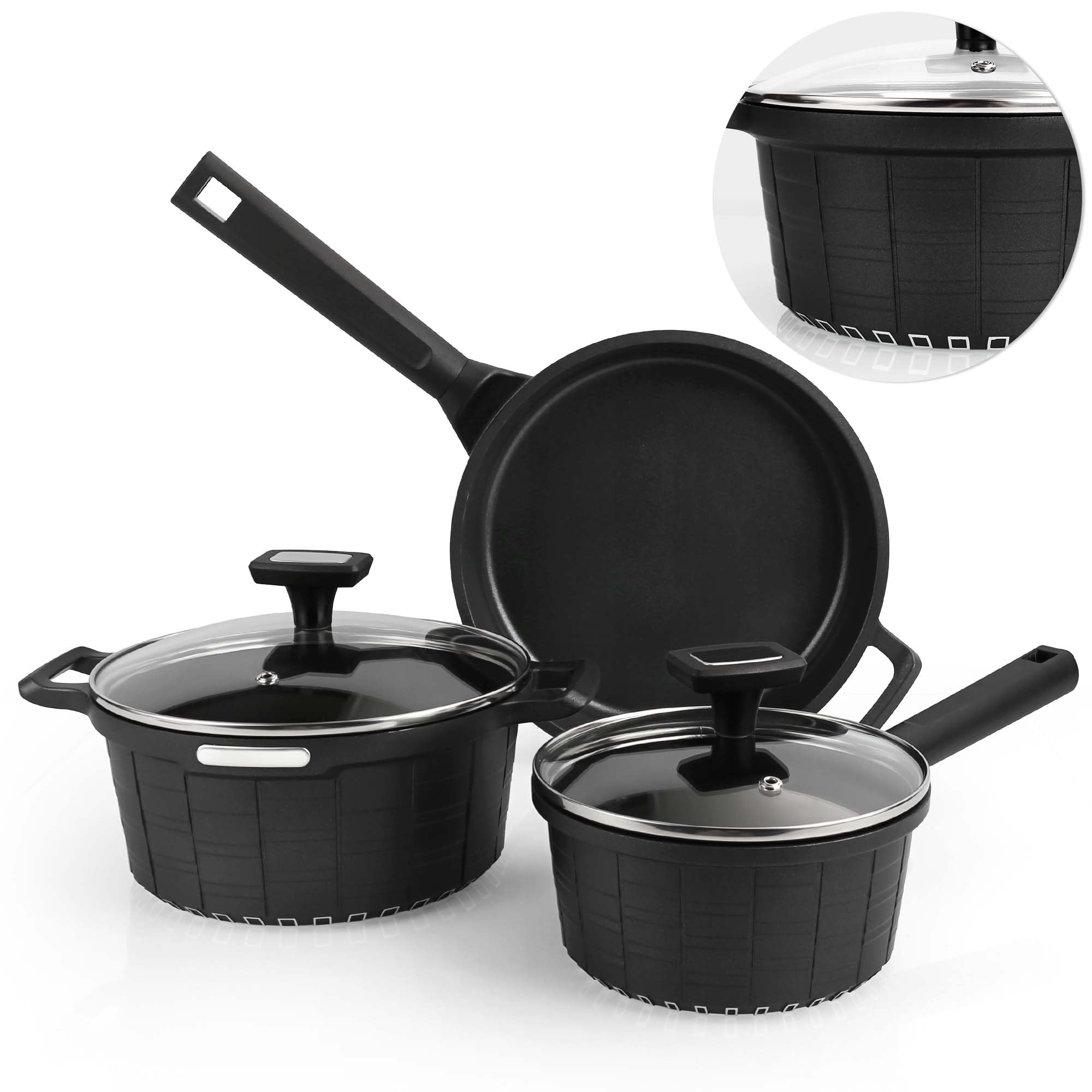 Wodillo Cookware Set, Pots and Pans with Utensils, Nonstick Scratch Resistant Cooking Surface Compatible with All Stoves(Gas, Electric & Induction) - Black