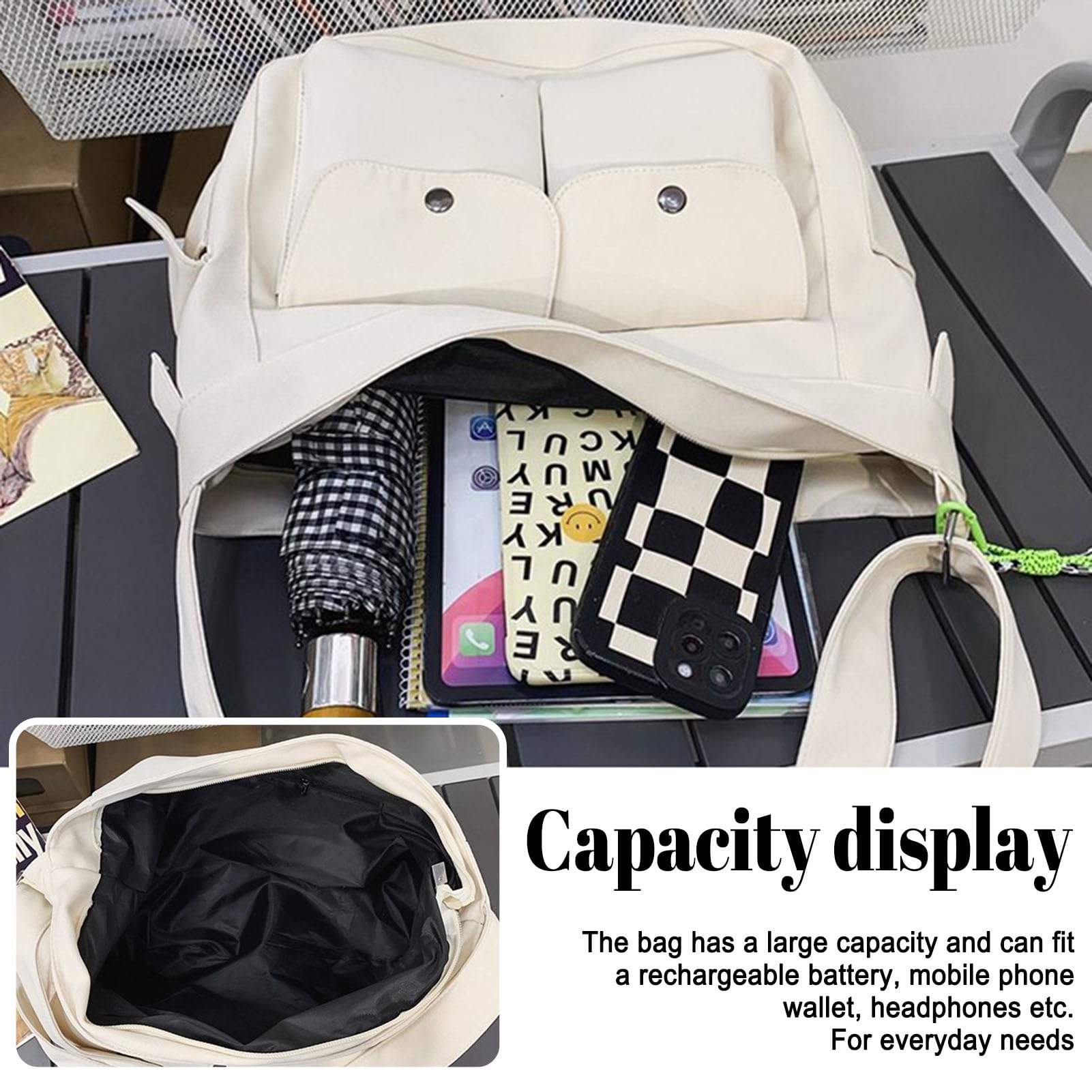 Womens Messenger Bag Crossbody Large Men Shoulder Bag with Cute Ornament Canvas Bag with Multiple Pockets Casual Satchel Bag (A-White)