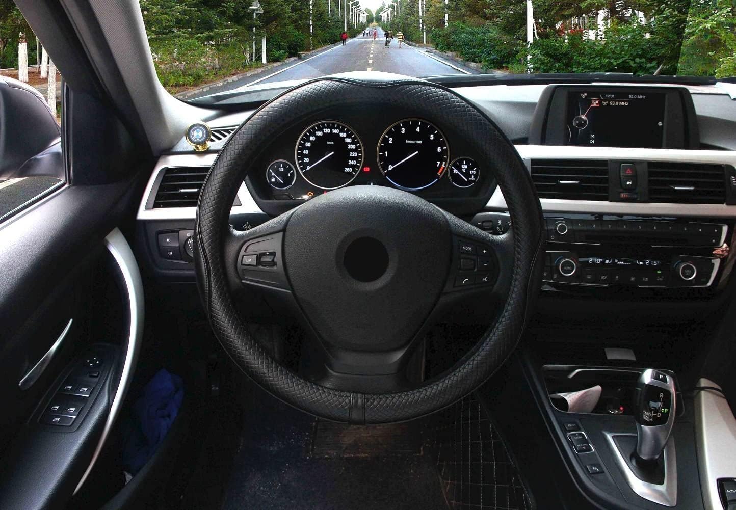 Valleycomfy Steering Wheel Covers Universal 15 inch - Genuine Leather, Breathable, Anti Slip & Odor Free (Black with Black Lines, M(14" 1/2-15" 1/4))
